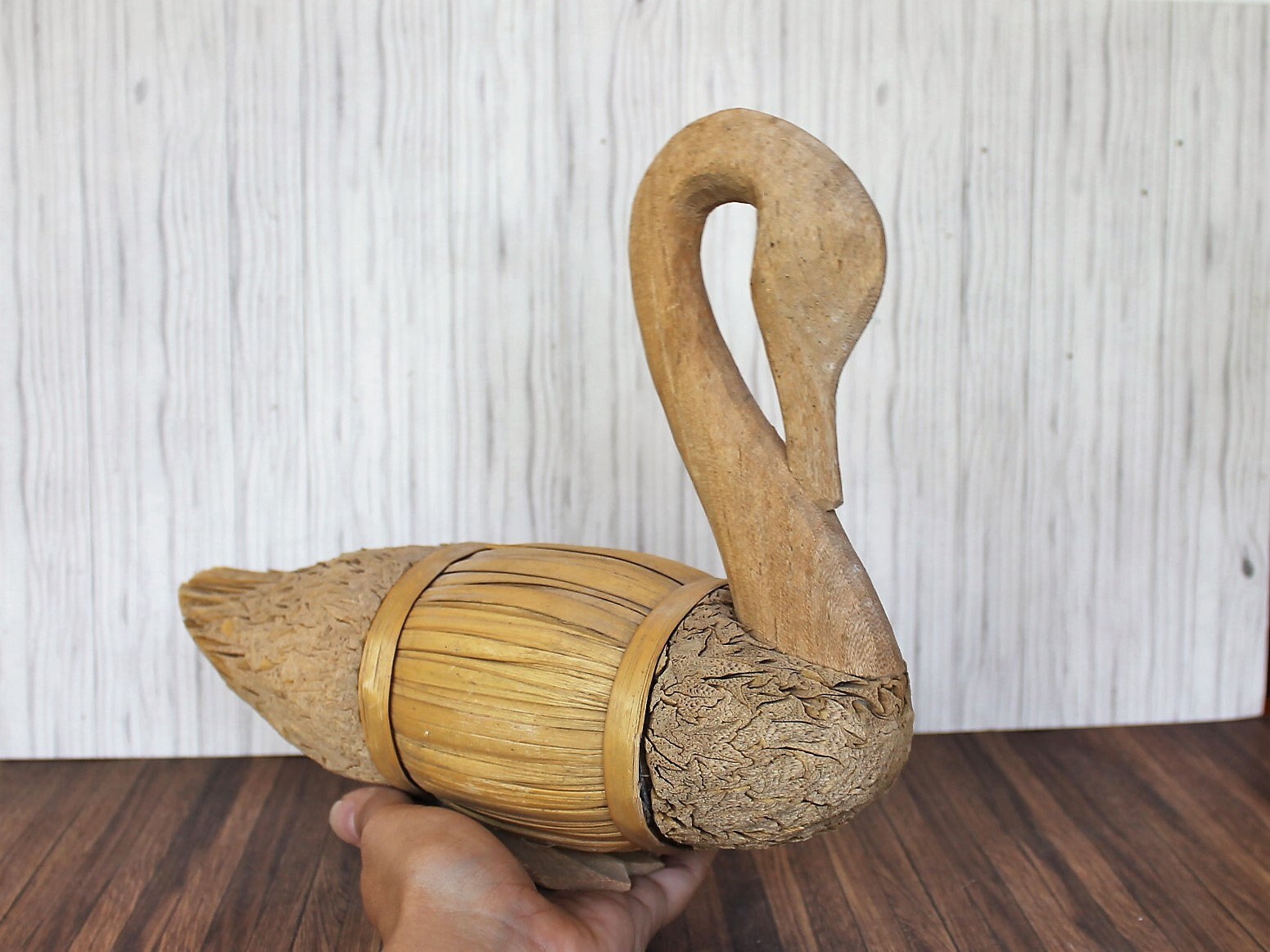 Vintage Corn Husk Swan Decoy Figure Handmade Wood Bark Wicker Primitive ...