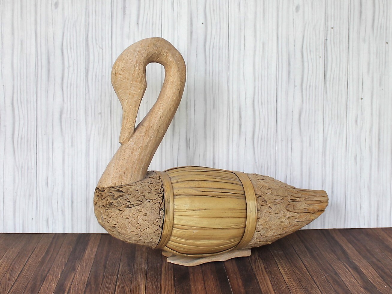 Vintage Corn Husk Swan Decoy Figure Handmade Wood Bark Wicker Primitive ...