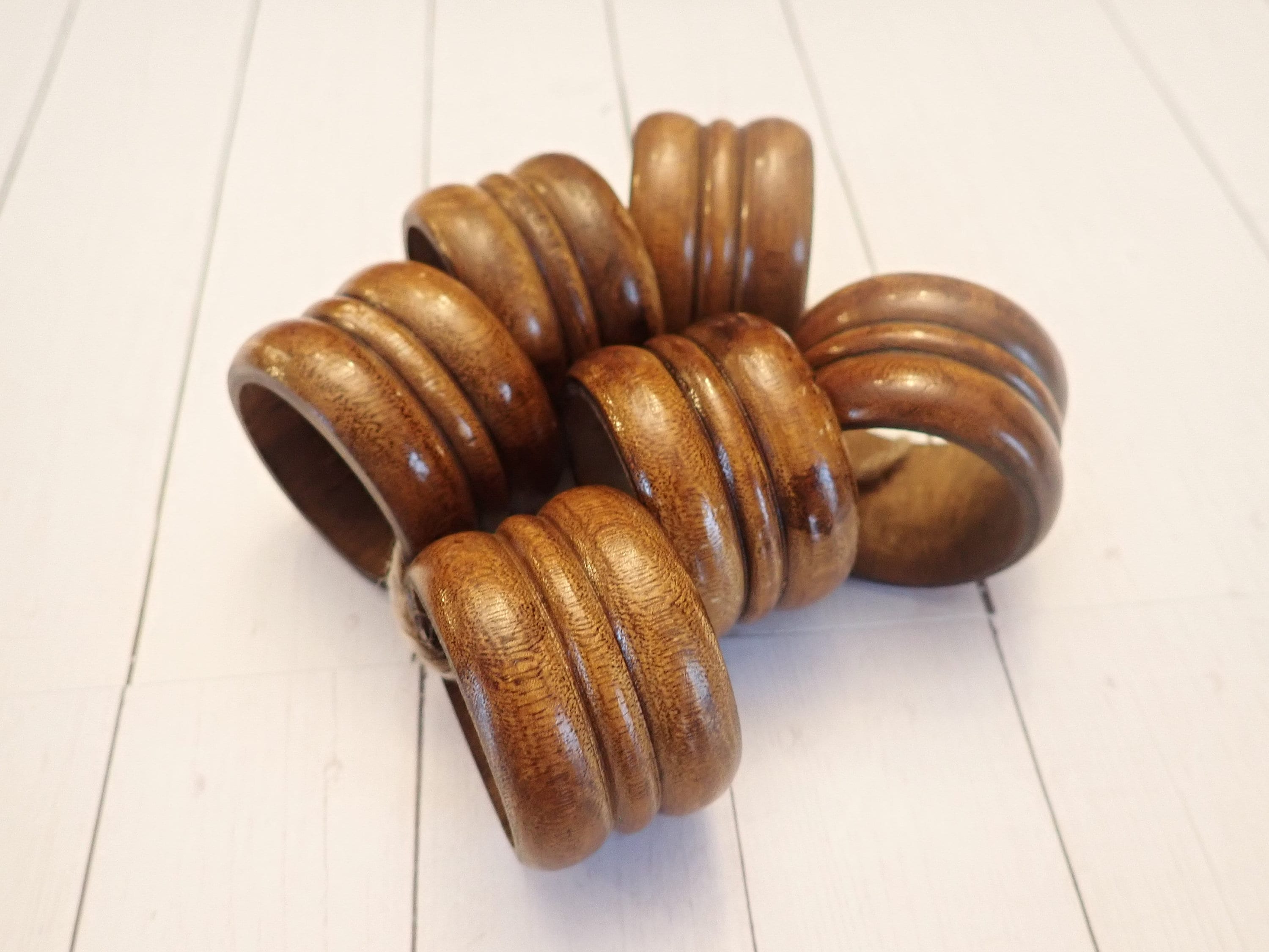 Vintage Wooden Napkin Rings Set of 6 Carved Wood with Banded Ribbed Design