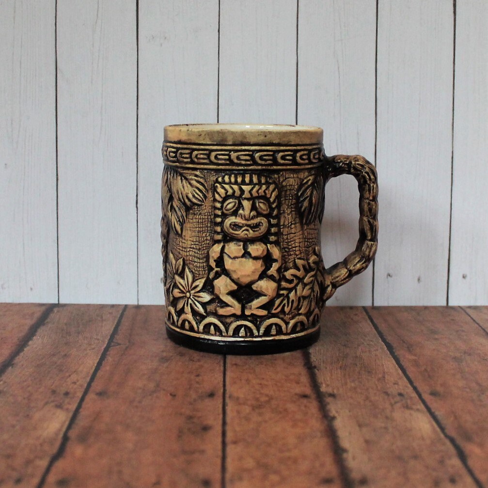 Vintage Ceramic Brown and White Ceramic Tiki Mug Faux Carved Wood ...