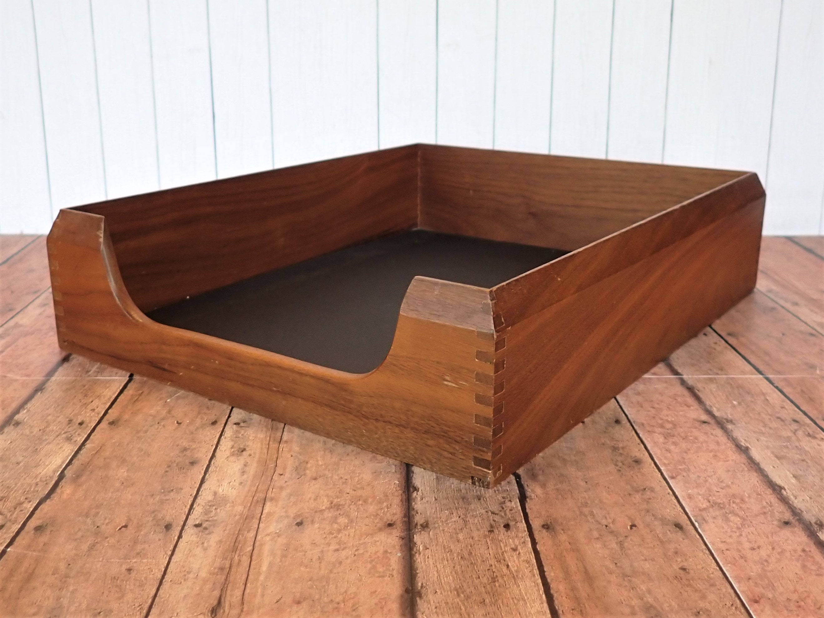 Vintage Wooden Walnut Paper Tray Desk Office Storage Wood Organizer ...