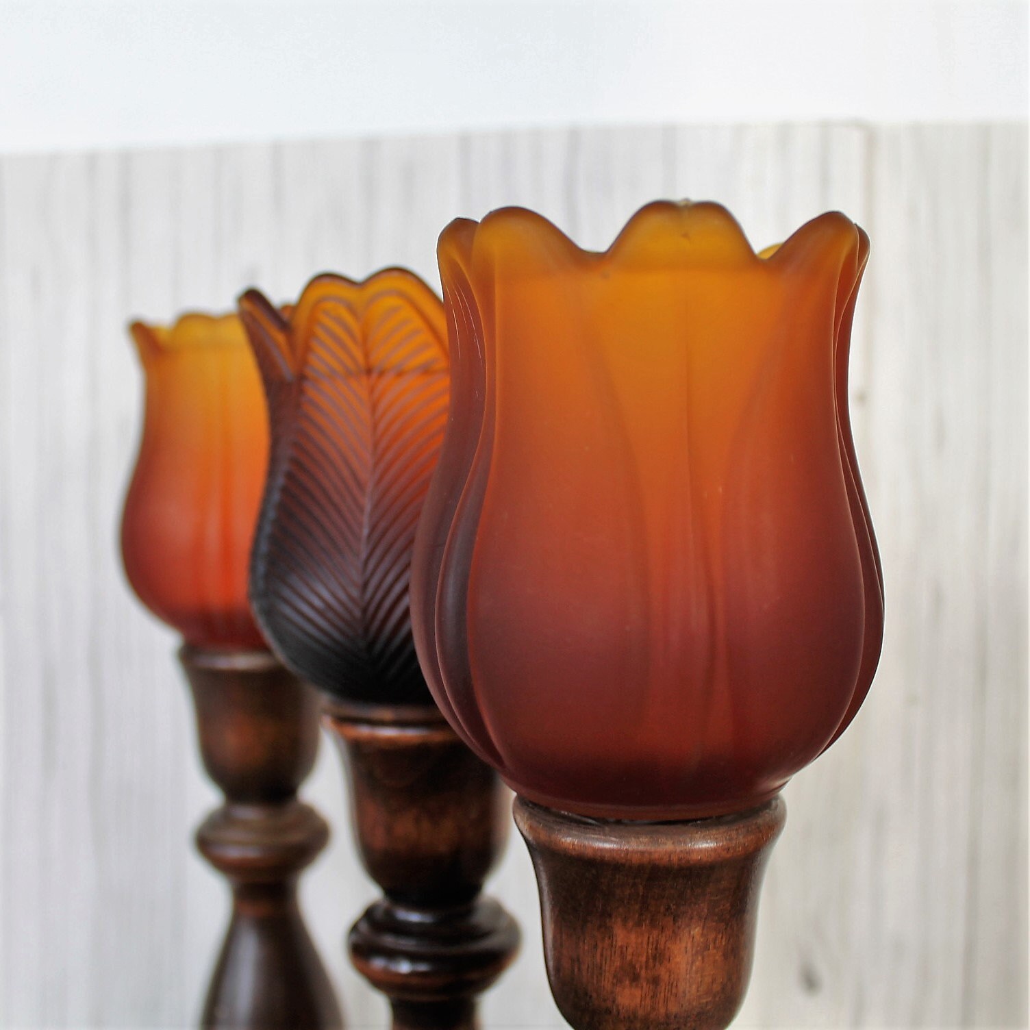Vintage Votive Candlestick Set of 3 Amber Flower Votives with Wooden ...