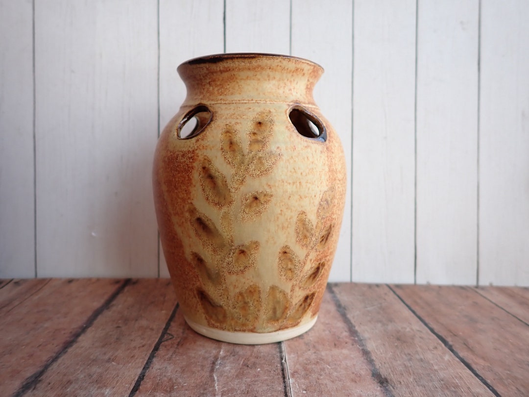 Vintage Arts North Cape Breton Pottery Vase Tan Beige With Brown Leaf ...