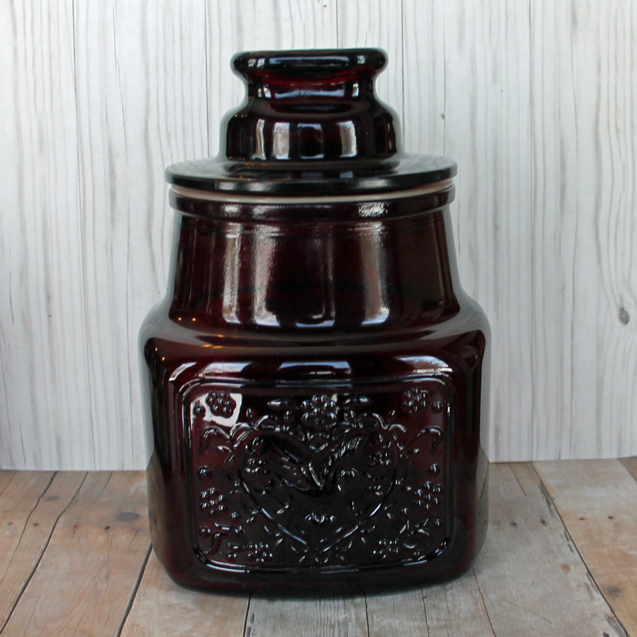 Vintage Wheaton Red Glass Canister with Lid Bird Heart and Fish Design ...