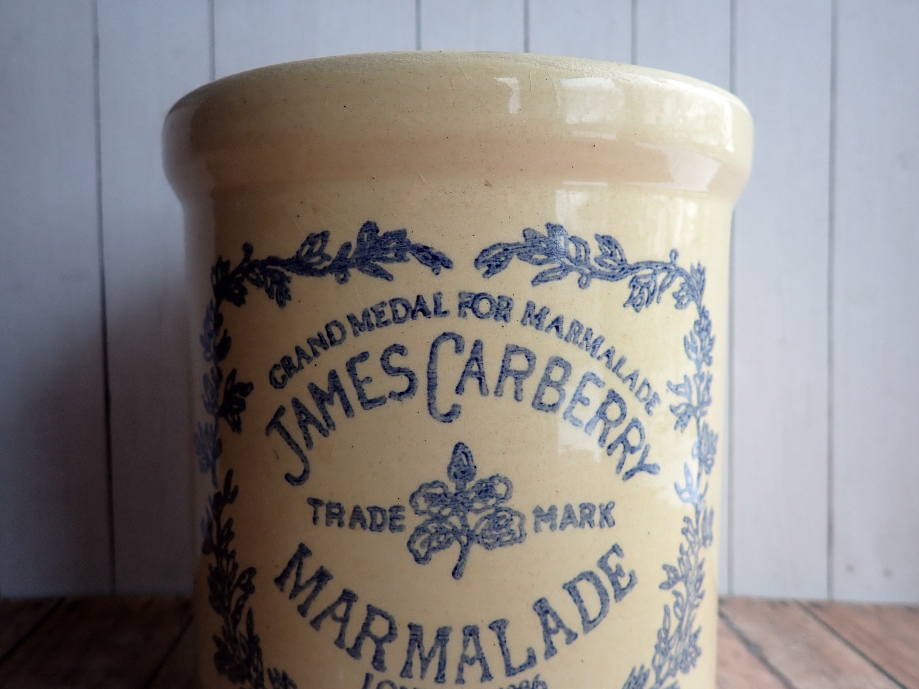 Vintage Stoneware Advertising Crock Cream and Blue Lettering James ...