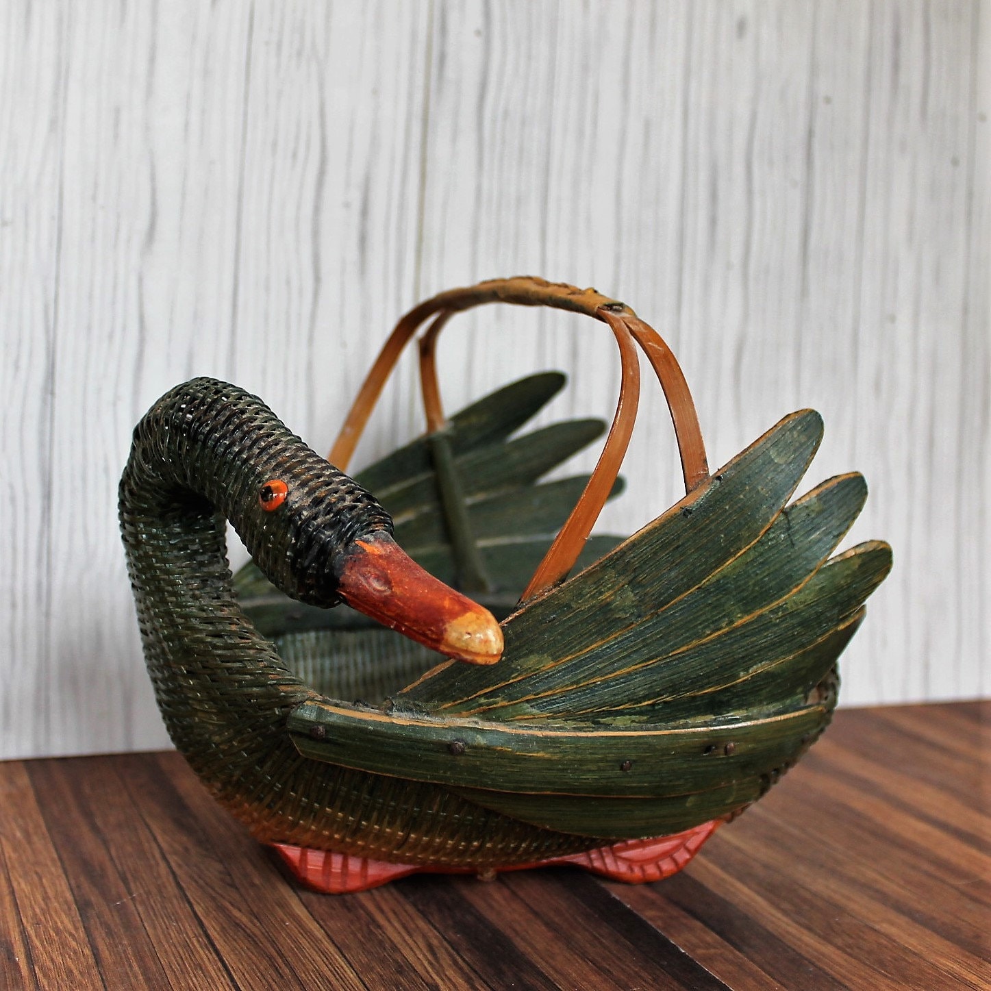 Vintage Green Wicker Swan Duck Basket with Handle Woven and Wood Animal ...