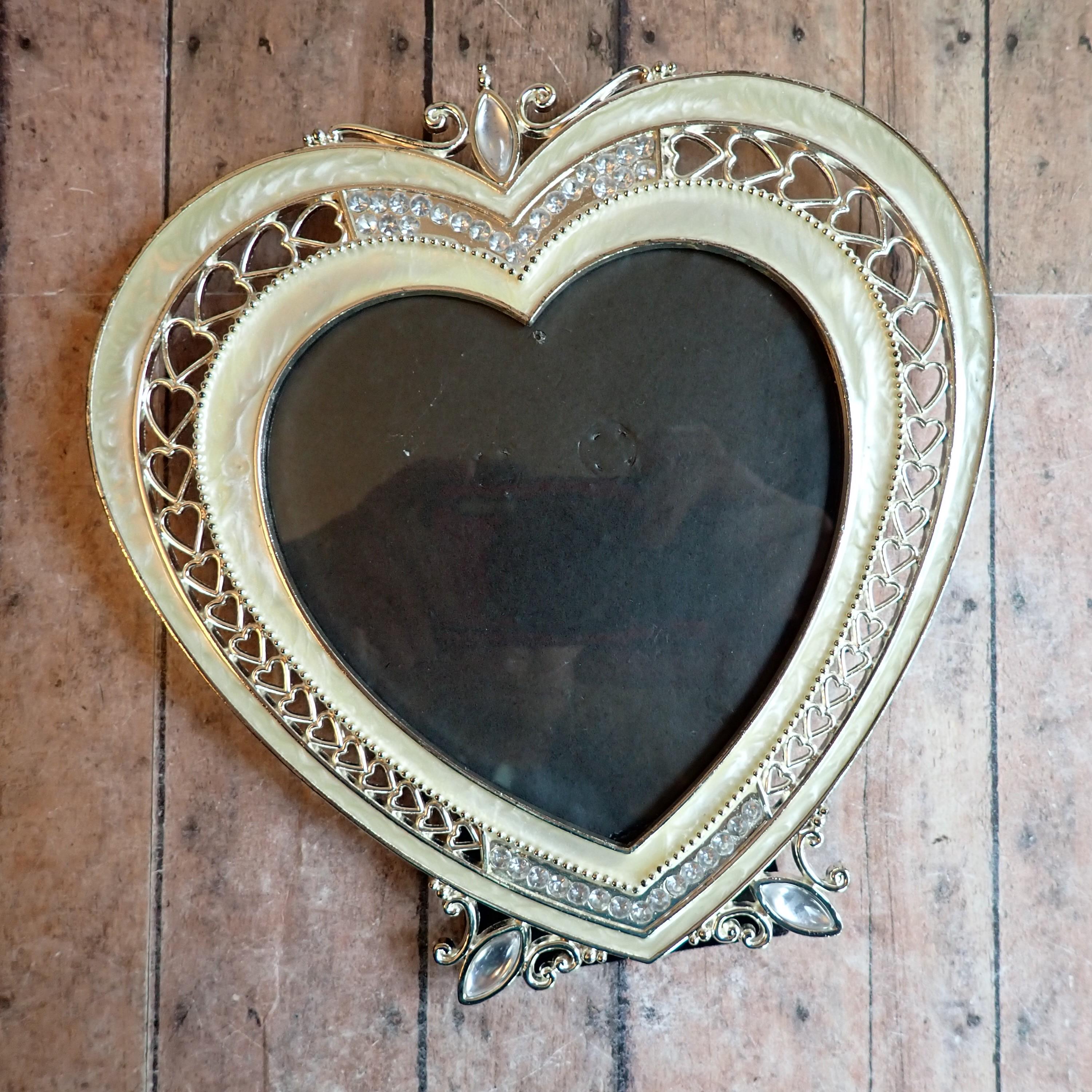 Vintage Heart Shaped Frame Silver Metal and Pearl Enamel Wedding Frame