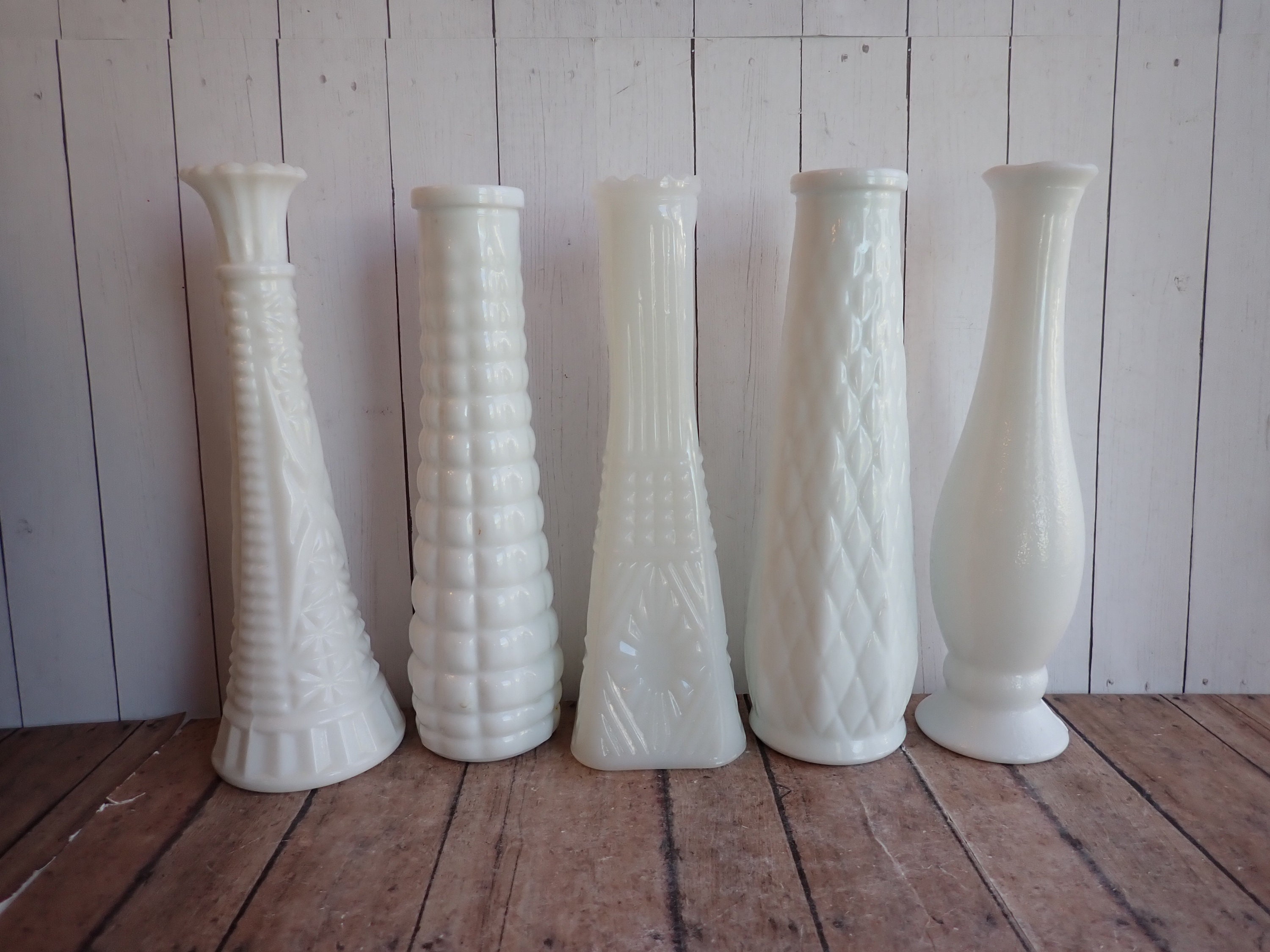 Vintage Set of 10 White Milk Glass Vases All Different Patterns 9 Tall ...