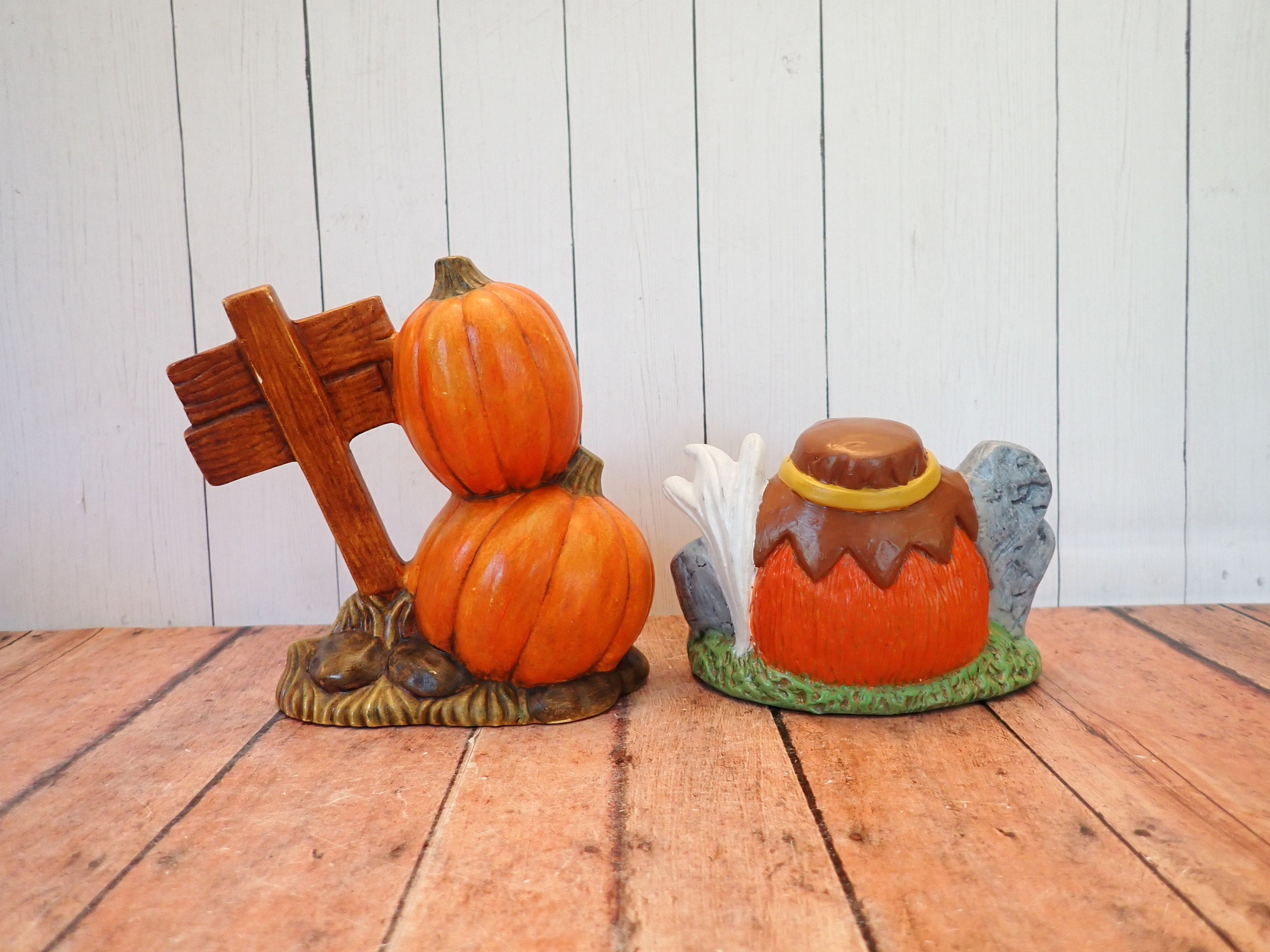 Vintage Ceramic Halloween Figurine Set of 2 Pumpkin Jack O Lantern ...