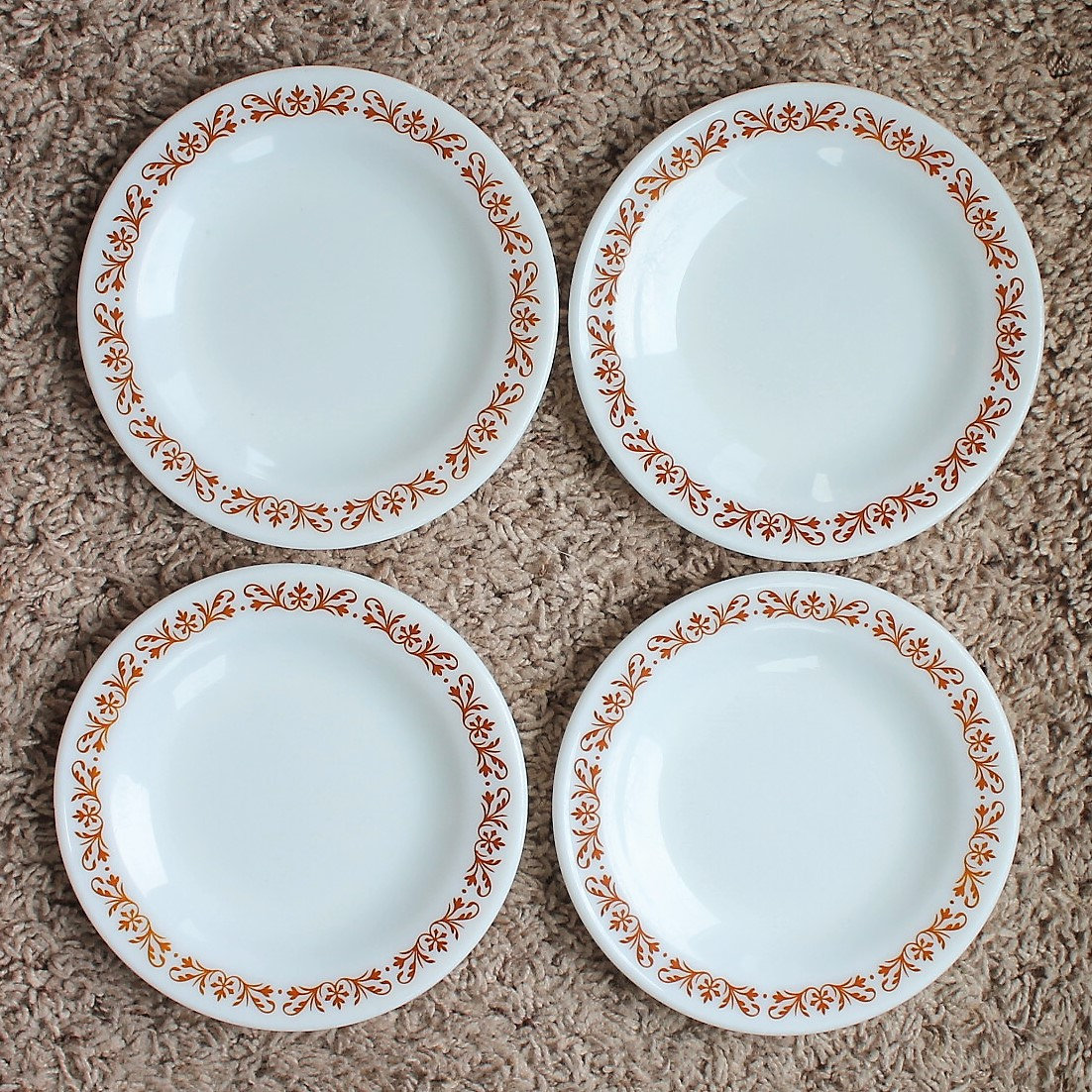 Vintage Pyrex Corning COPPER FILIGREE 6 Dessert Plate Set of 4 White ...