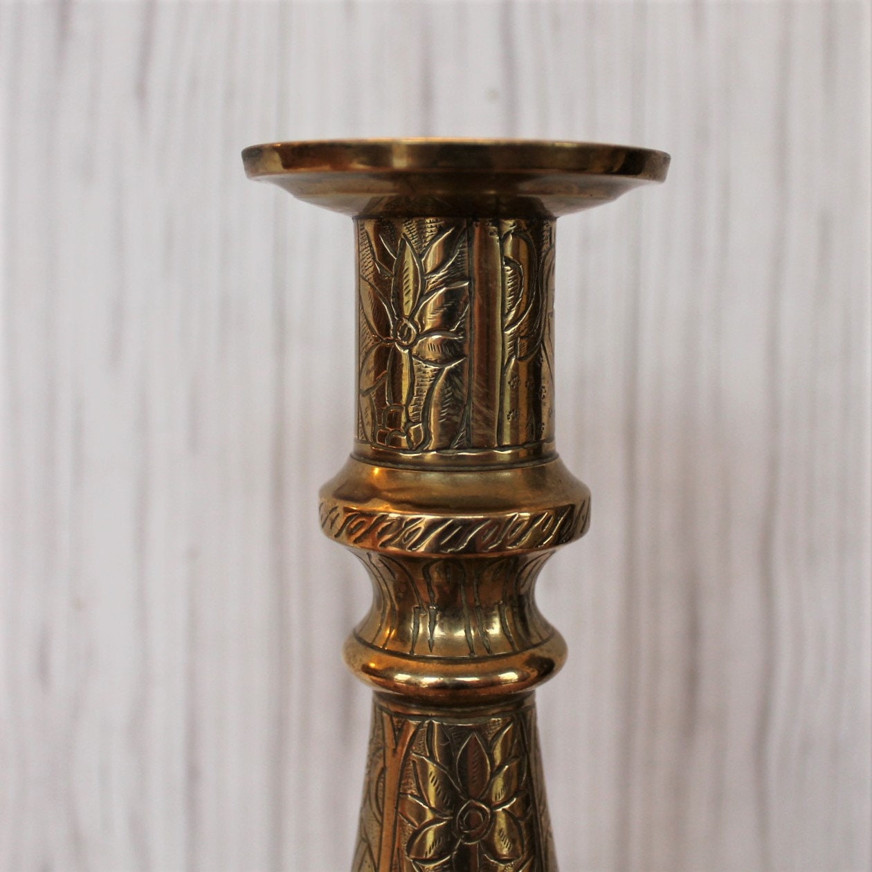 Vintage Large Brass Candlestick with Etched Floral Design Single Metal ...
