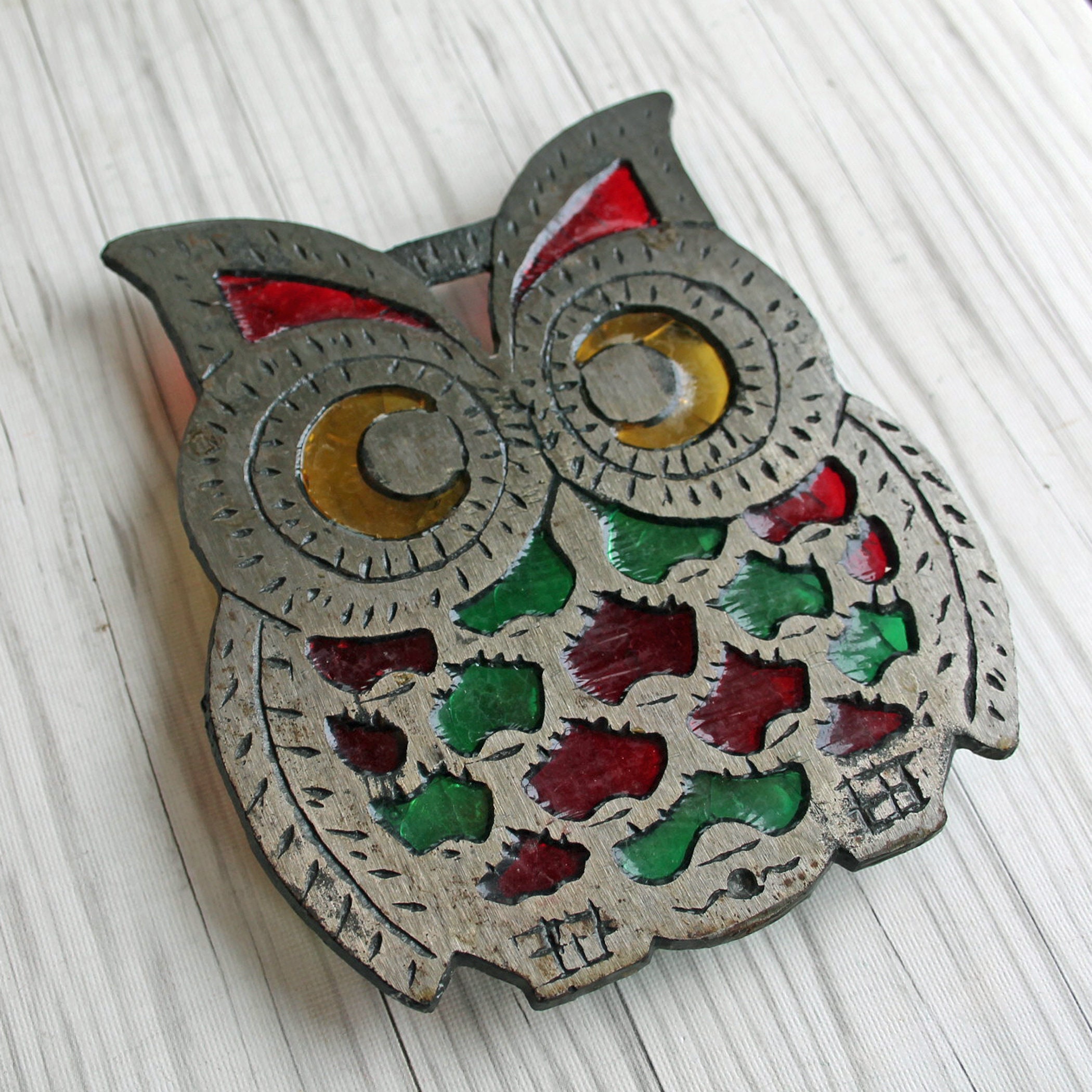 Vintage Stained Glass Owl Trivet Tile Set of 2 Hotplate Glass and Metal ...