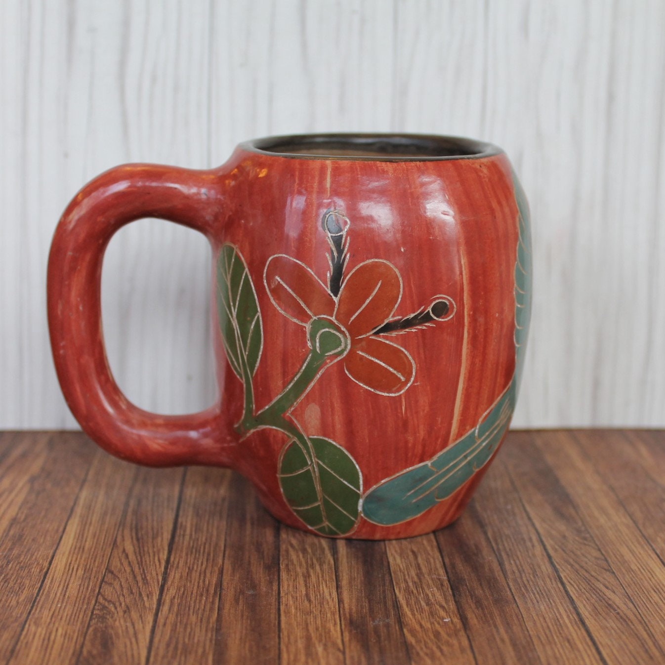 Vintage Costa Rican Pottery Mug Pink with Blue Bird and Red and Green ...