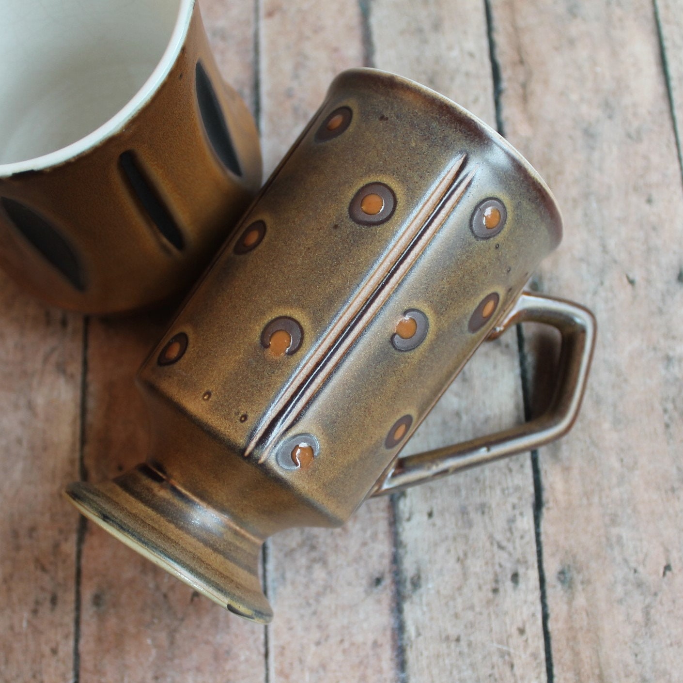 RESERVED Vintage Stoneware Footed Mug Brown Dot and Line Pattern Mugs ...