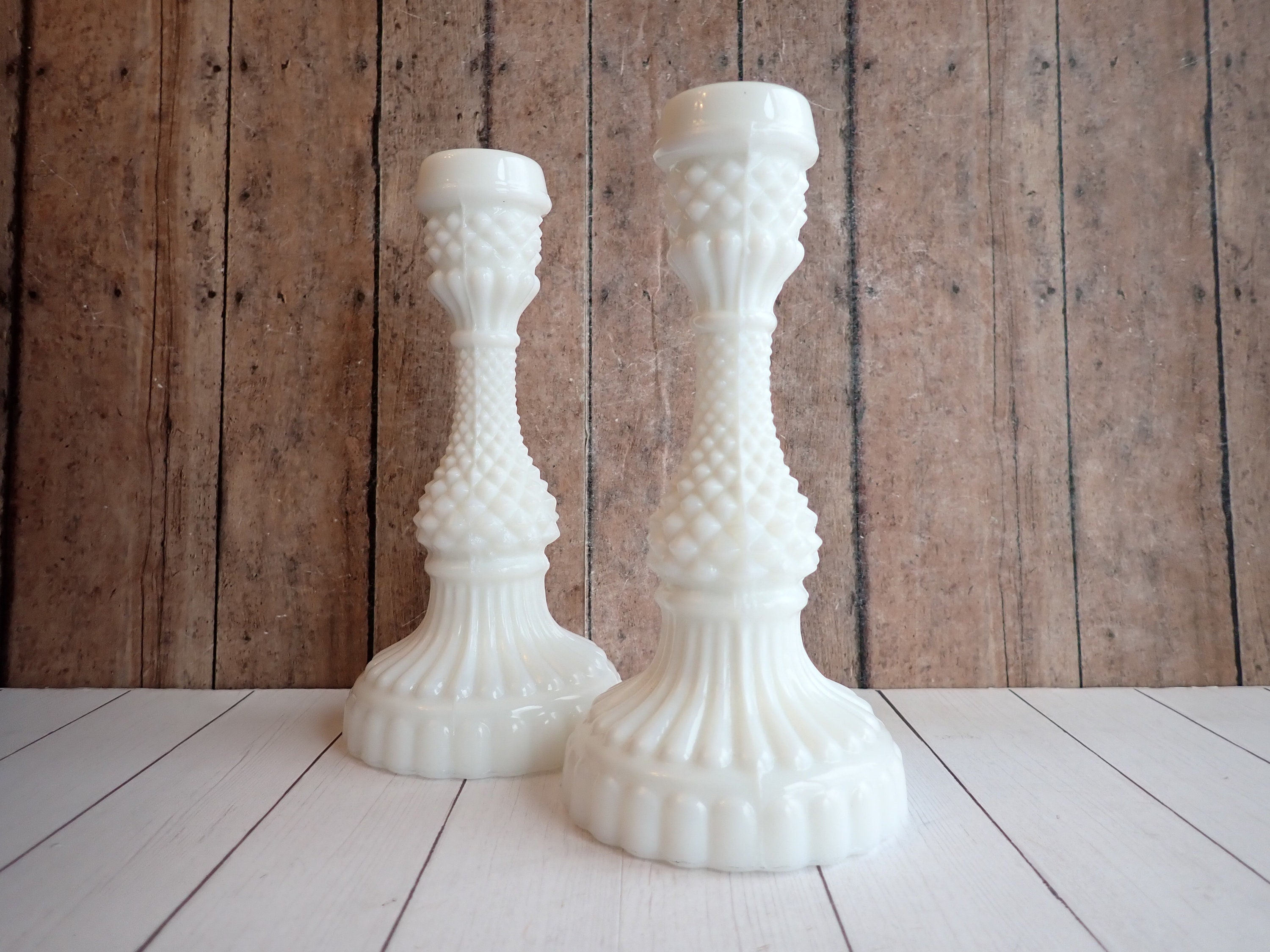 Vintage Milks Glass Candlesticks Set of 2 Matched Pair Hobnail Taper ...