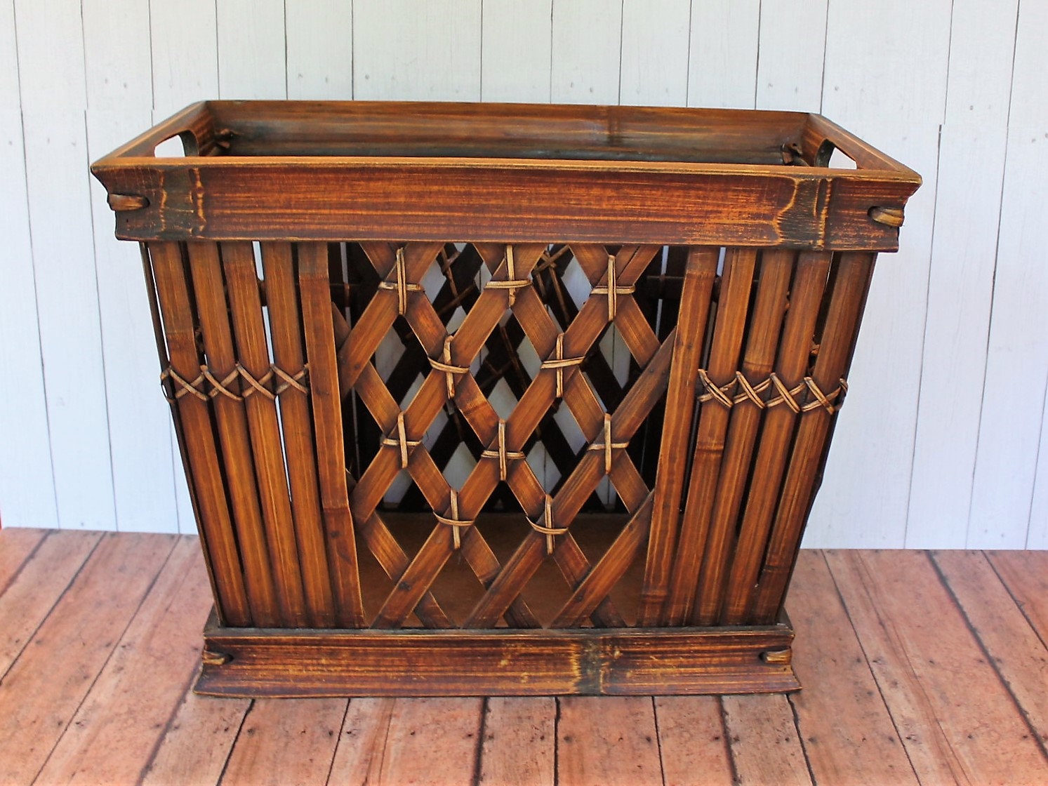 Vintage Wood and Wicker Magazine Rack Wood Slats and Wicker Wrap ...