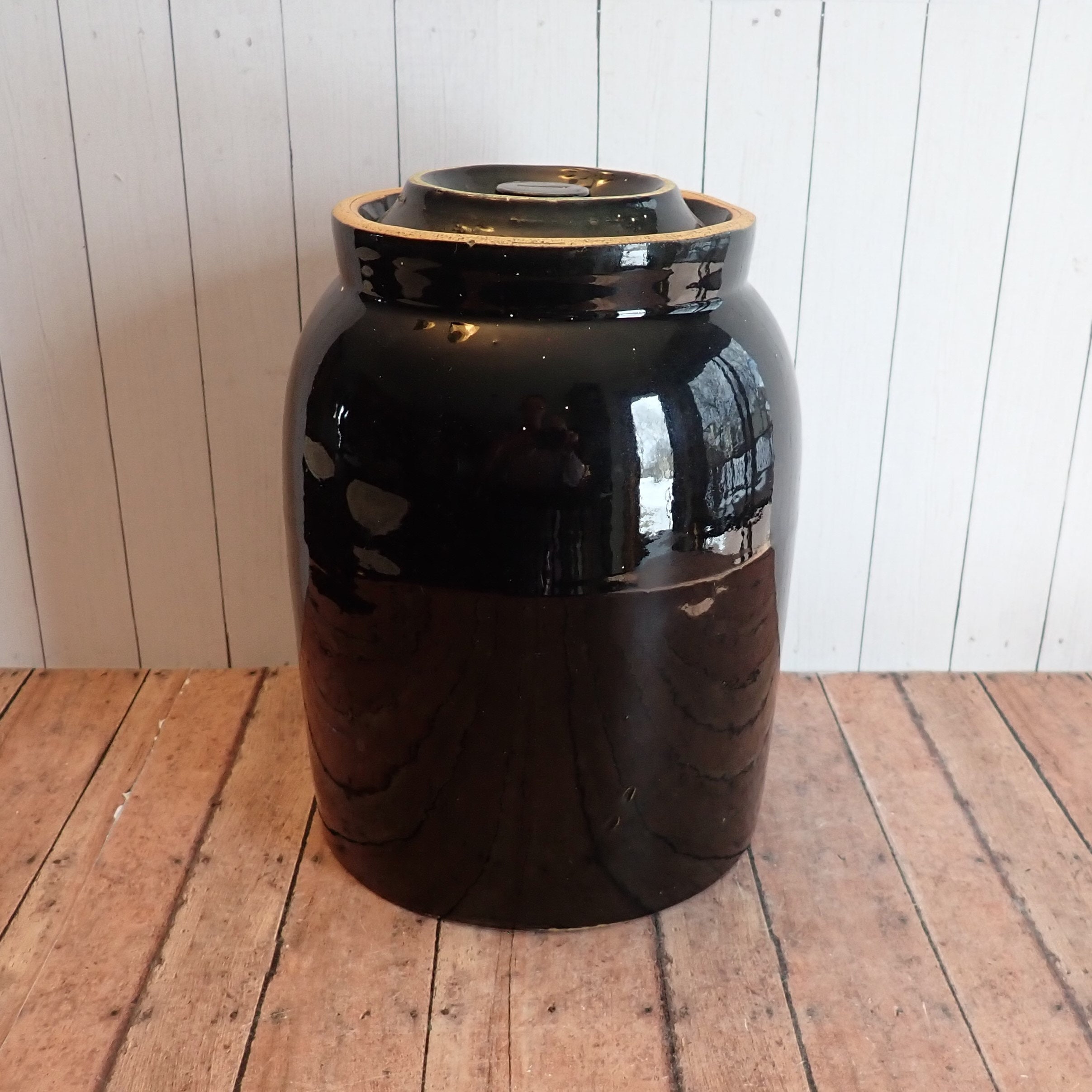 Vintage Black Stoneware Crock Jar Canister with Lid