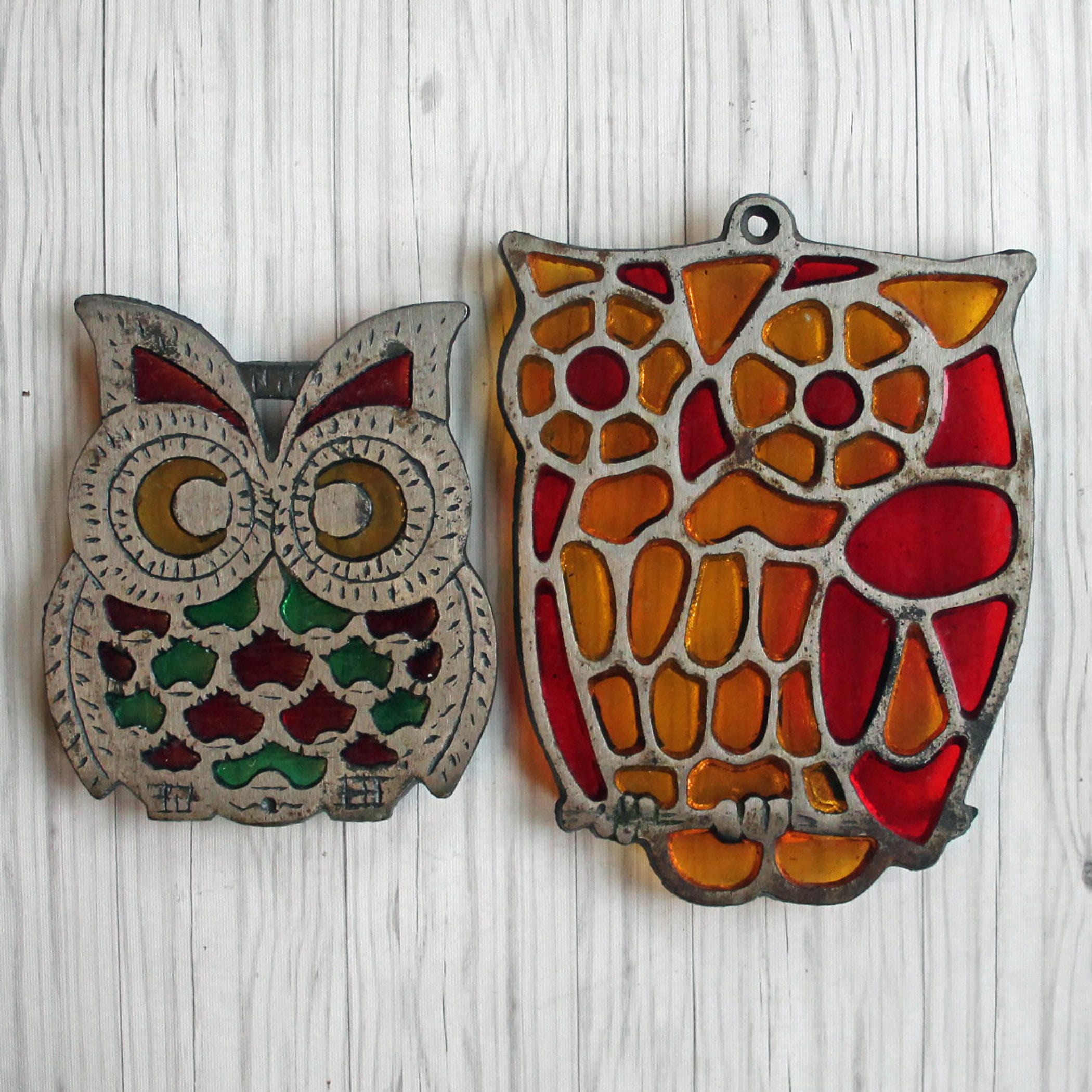 Vintage Stained Glass Owl Trivet Tile Set of 2 Hotplate Glass and Metal ...