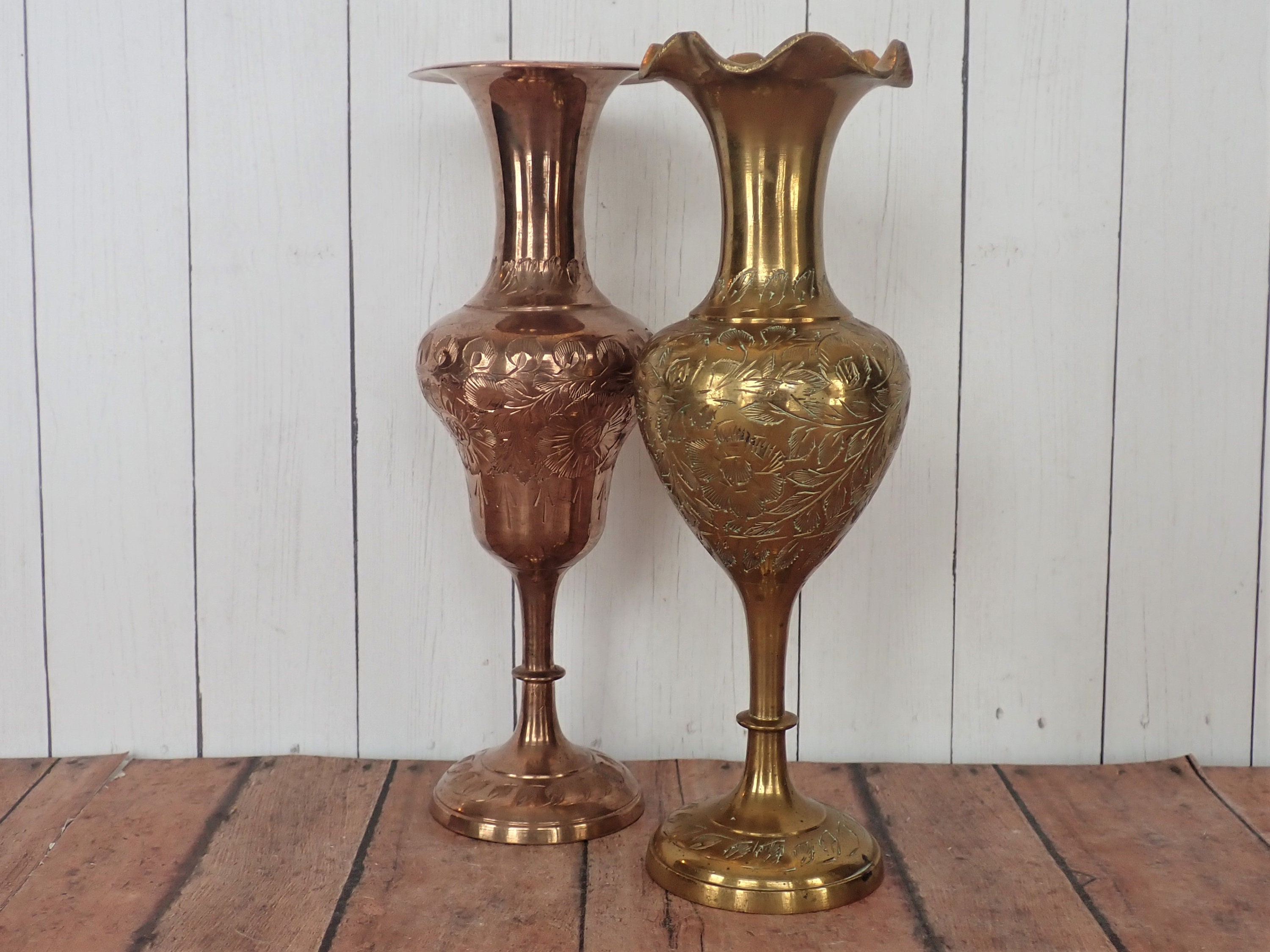 Vintage Brass Vase Set of 2 8 Brass Vases with Etched Floral Flower and ...