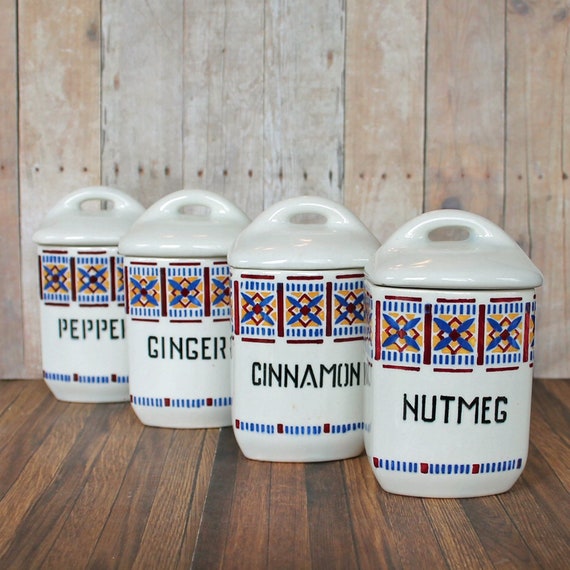 Antique Ceramic Spice Jars with Lids Set of 4 White Blue | Etsy