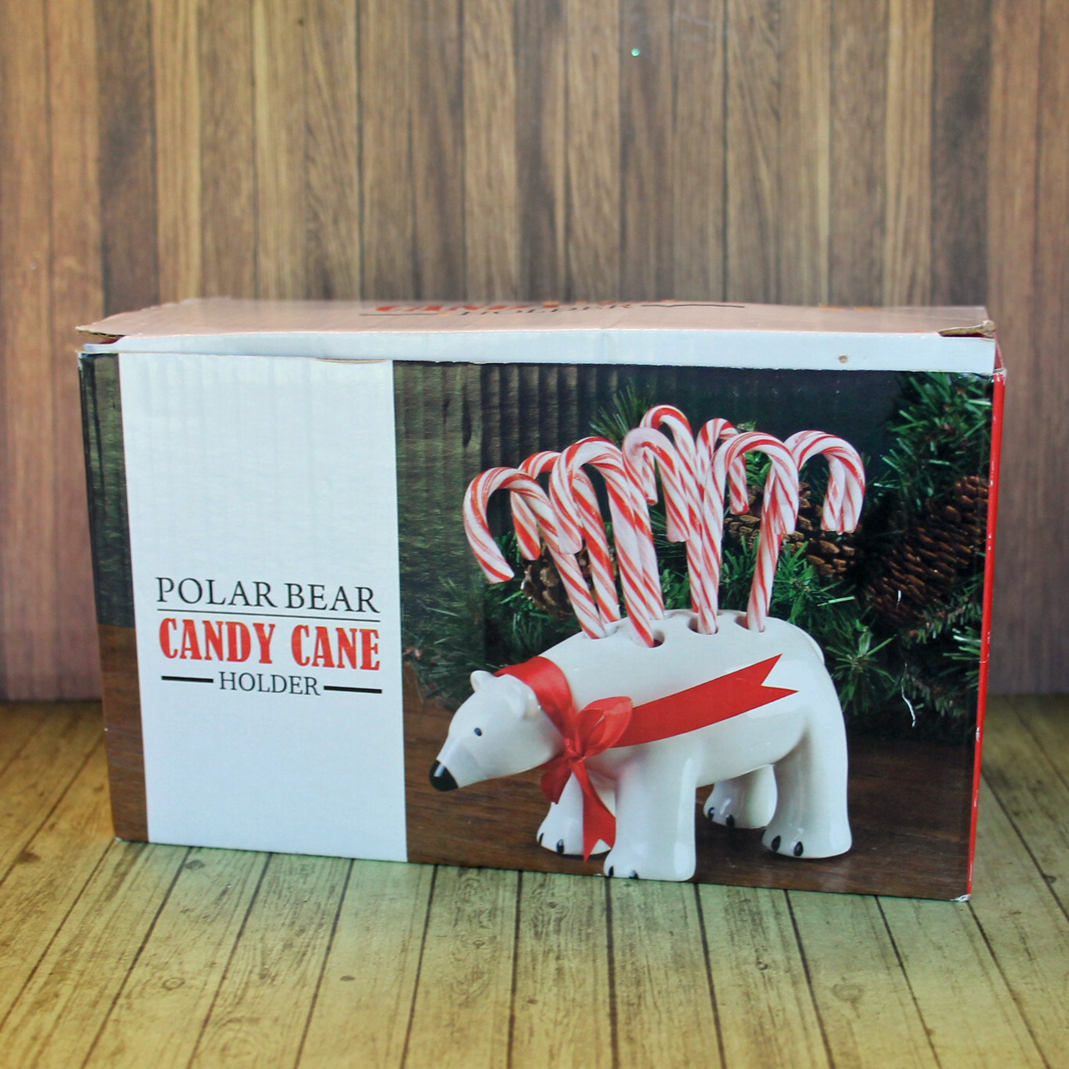 Vintage Ceramic White Polar Bear Candy Cane Holder Figurine Christmas