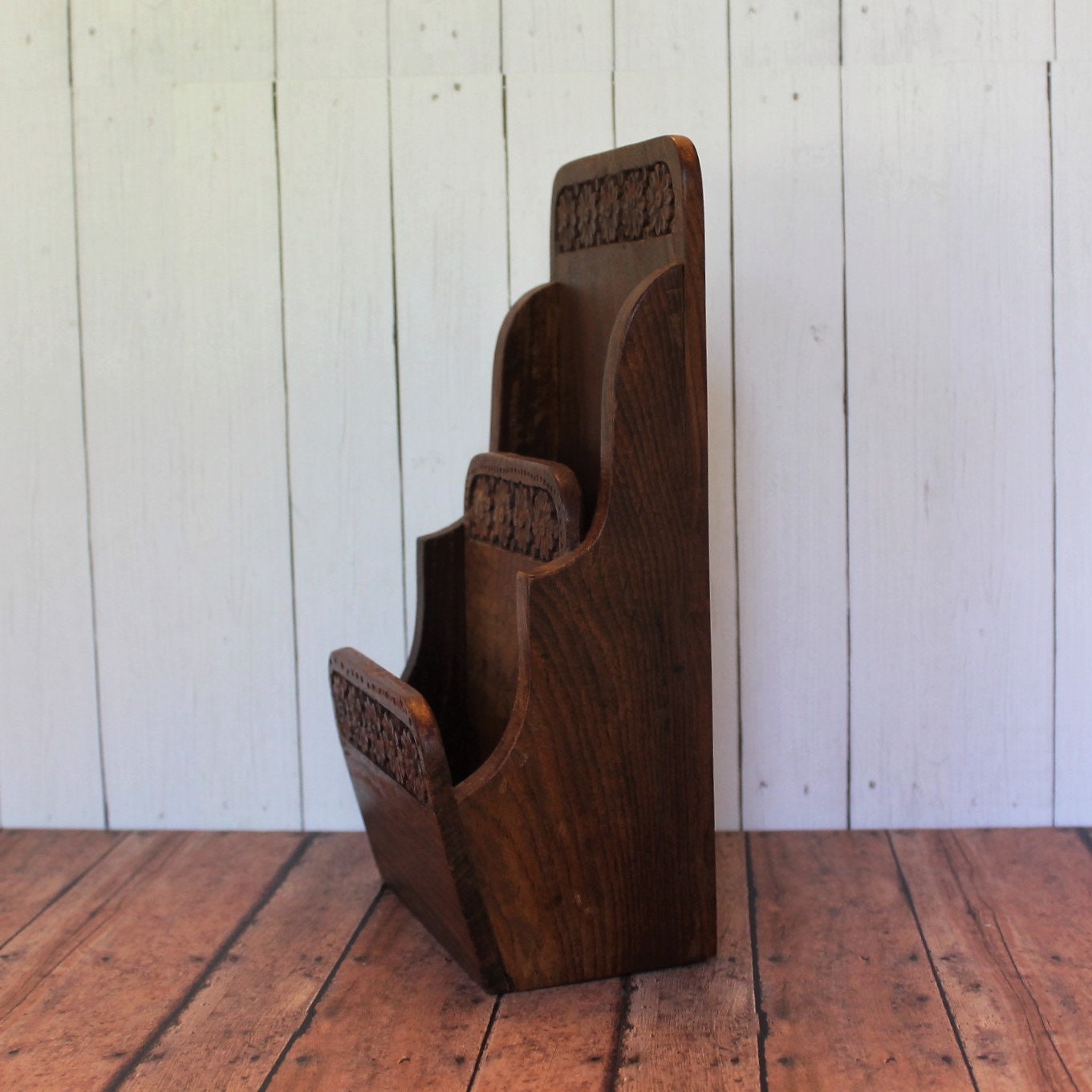 Vinatge Wood Mail Sorter Bin Letter Holder Brown Wooden Rack with ...