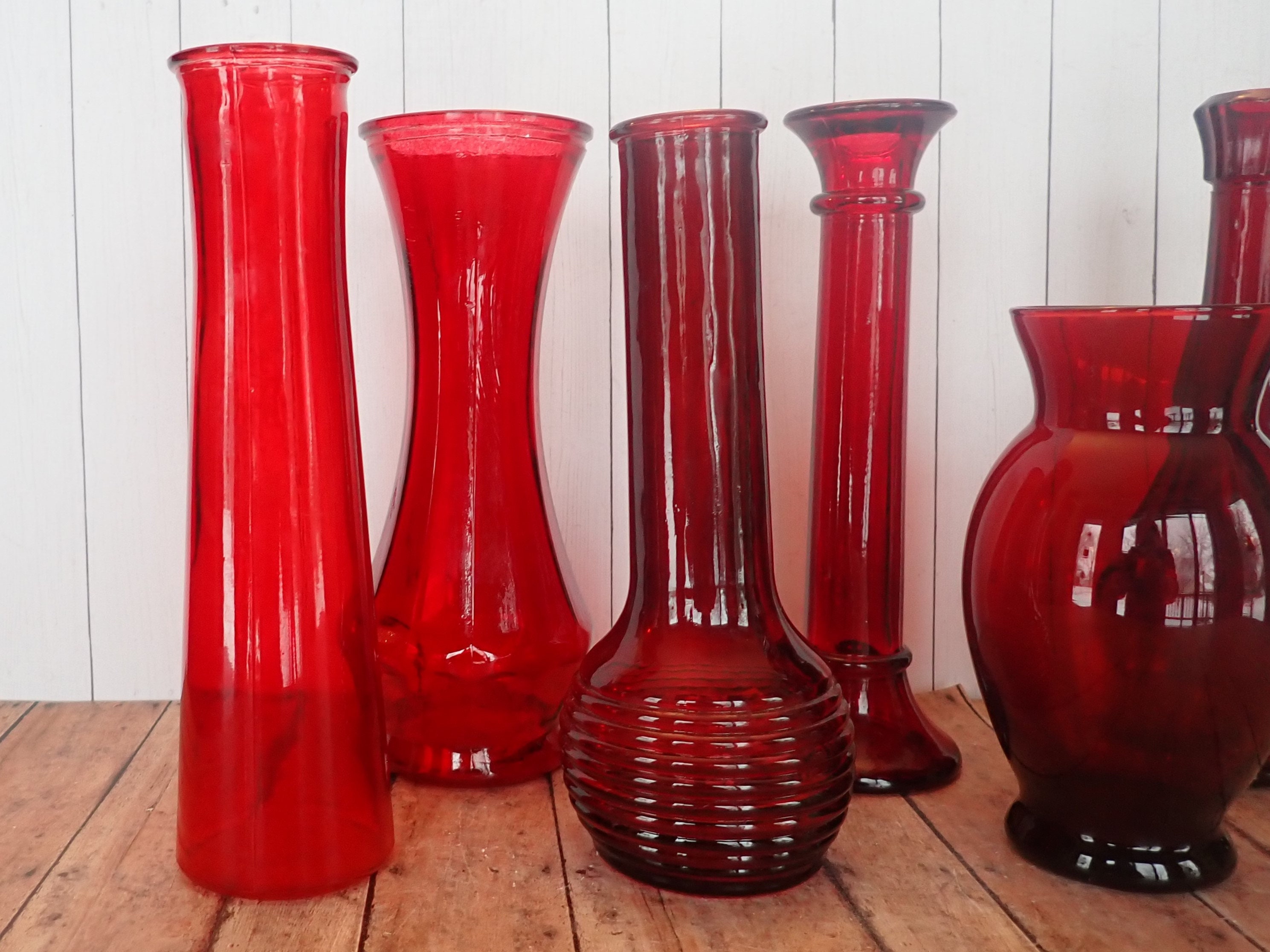 Vintage Red Glass Vase Set of 6 All Different Square Hobnail Pattern ...