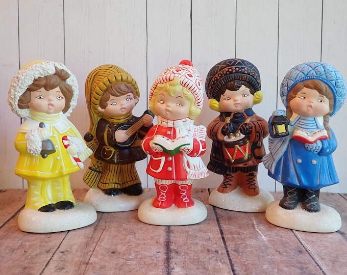 Vintage Christmas Caroler Children Set of 5 Figurines Boy and Girl With ...