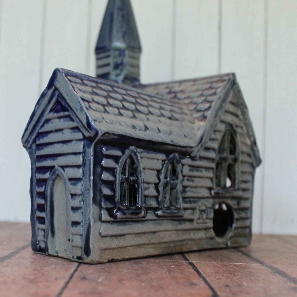 Vintage Rowe Pottery Works Salt Glazed Church Village Building Gray ...