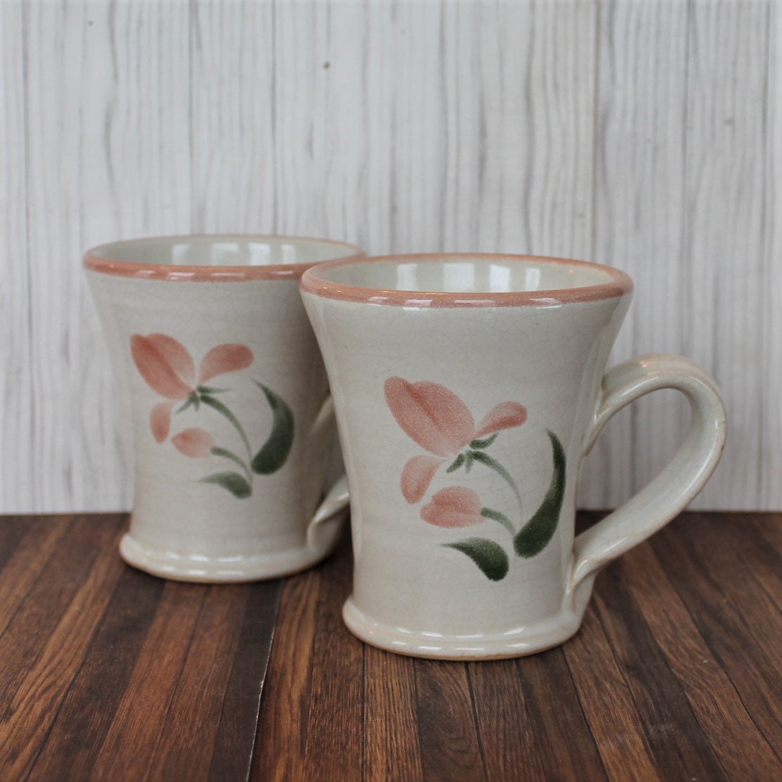 Vintage Rowe Pottery Ceramic Mug Set of 2 Matching White with Pink ...