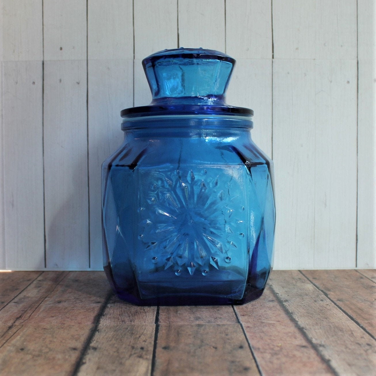 Vintage Wheaton Blue Glass Canister with Lid Flower Daisy Starburst ...
