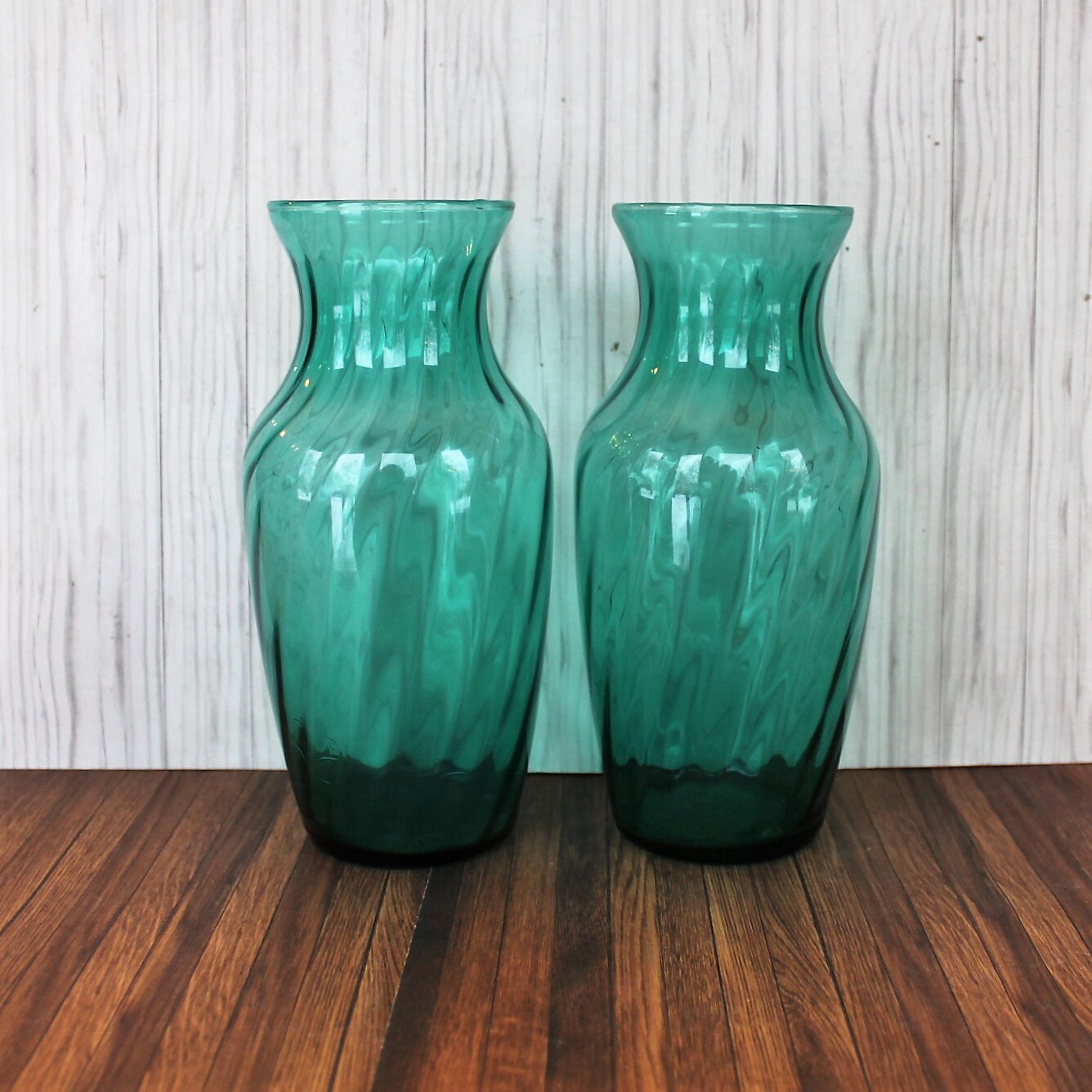 Vintage Indiana Glass Teal Blue Green Glass Vase Set of 2 Matching ...