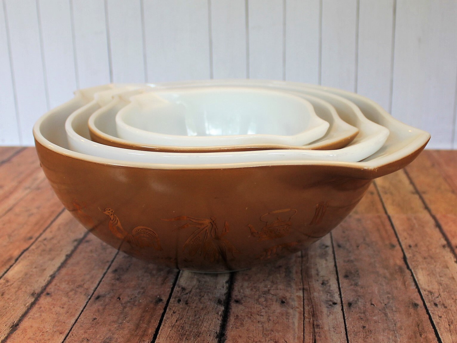 Vintage Pyrex EARLY AMERICAN Cinderella Mixing Bowl Set Of 4 Bowls White And Brown With vintage-pyrex-early-american-cinderella-mixing-bowl-set-of-4-bowls-white-and-brown-with