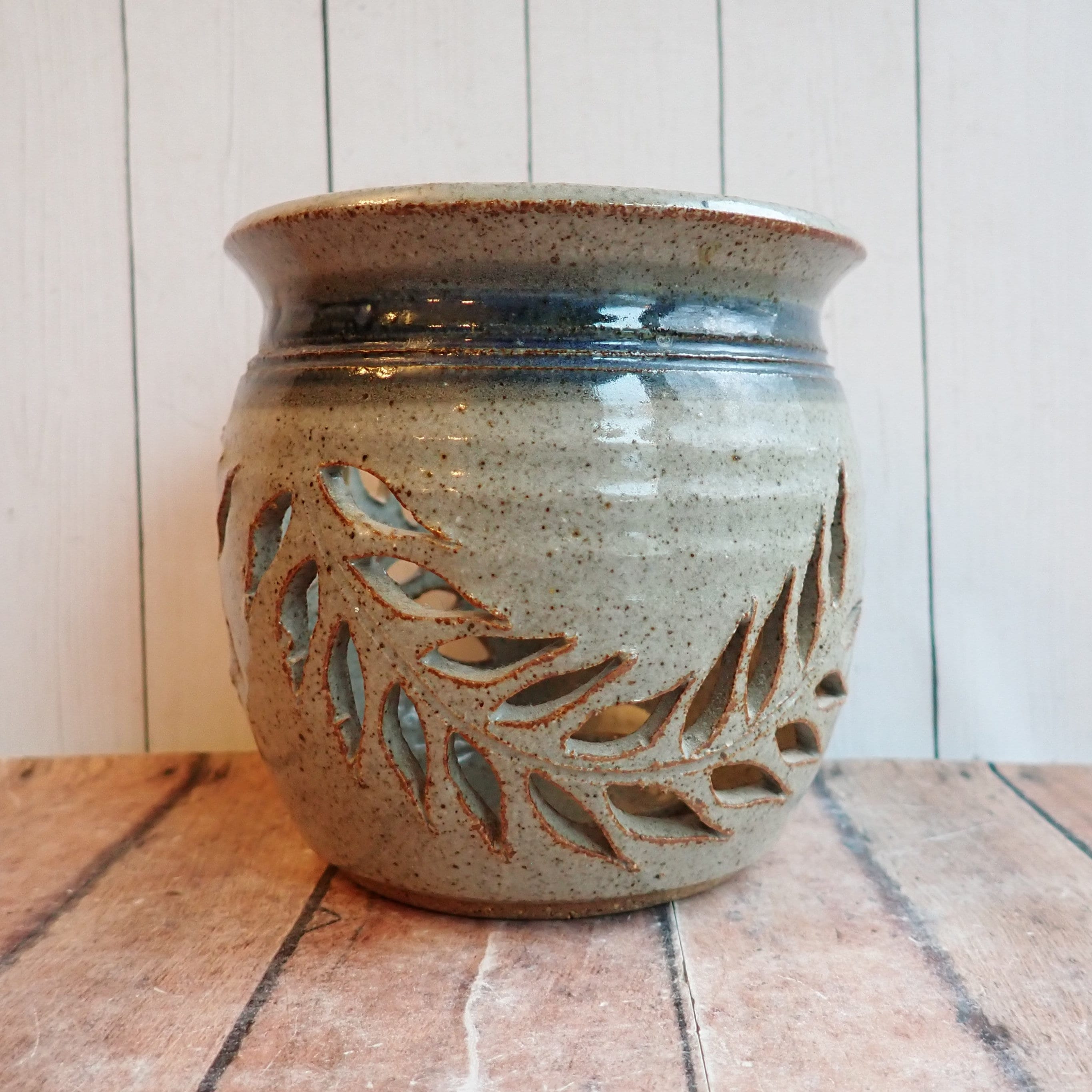 Vintage Stoneware Pottery Luminary Candle Lantern Gray with Cut Out ...