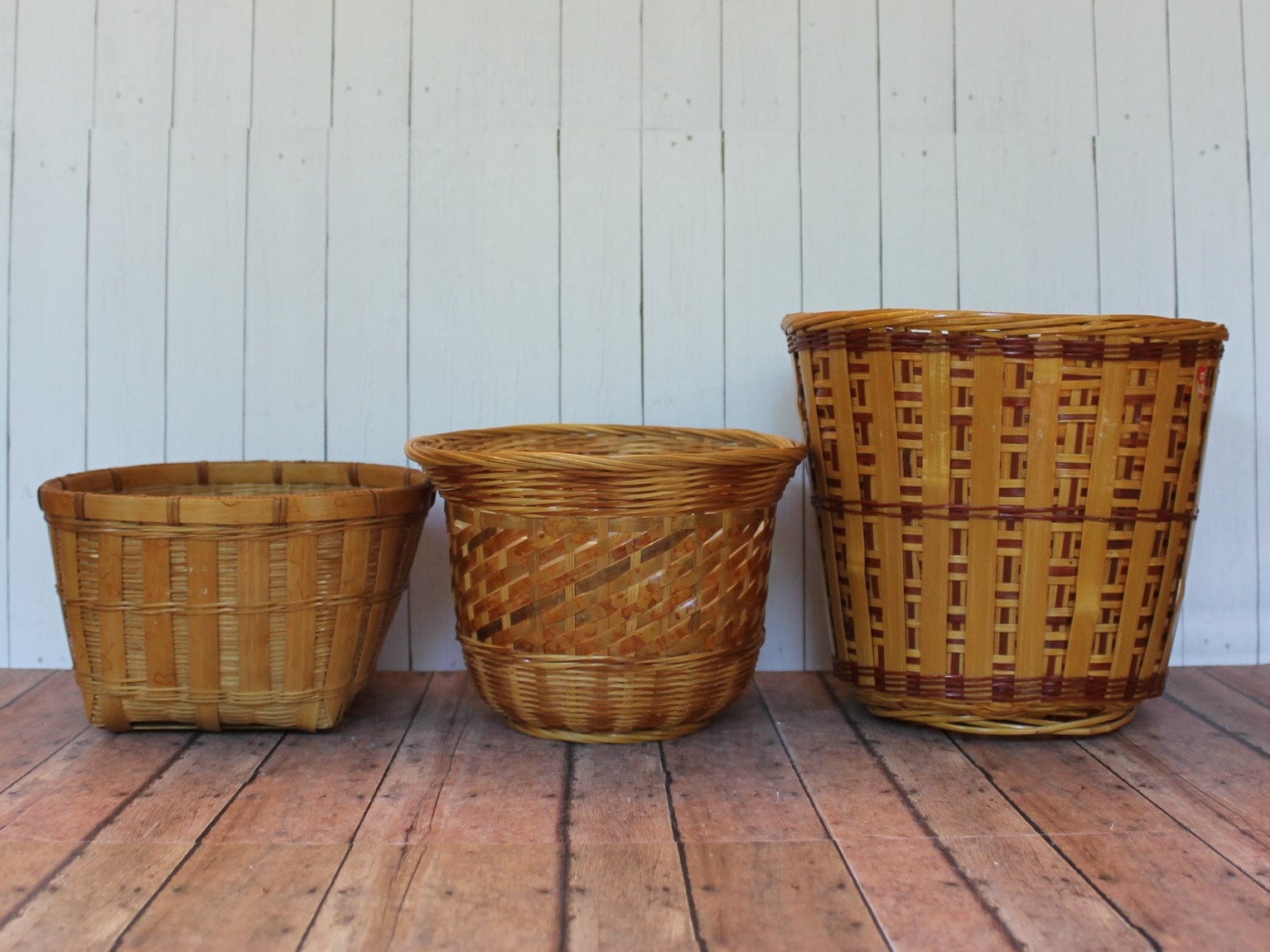 Vintage Woven Wicker Planter Basket Set of 3 Baskets Round Flower Pot ...
