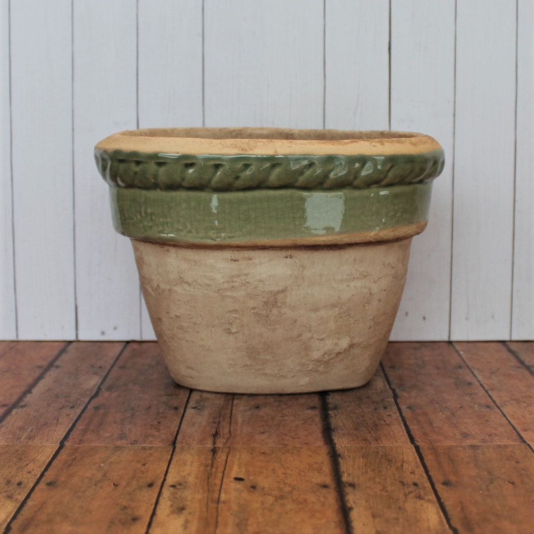 Vintage Rowe Pottery Works Stoneware Planter Flower Pot Tan with Green ...