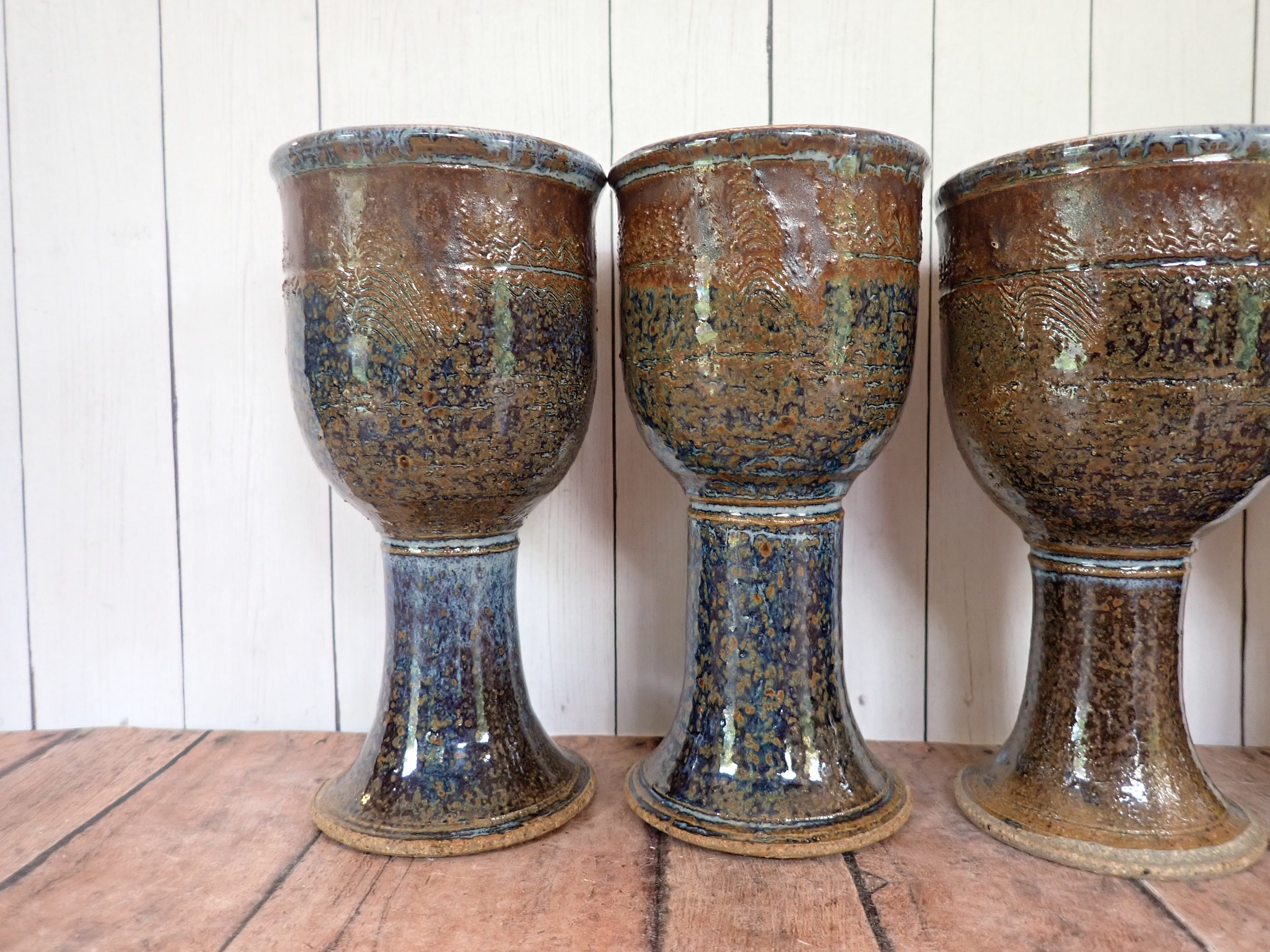 Vintage Stoneware Pottery Goblet Set of 4 Blue and Brown Wine Glass Chalice