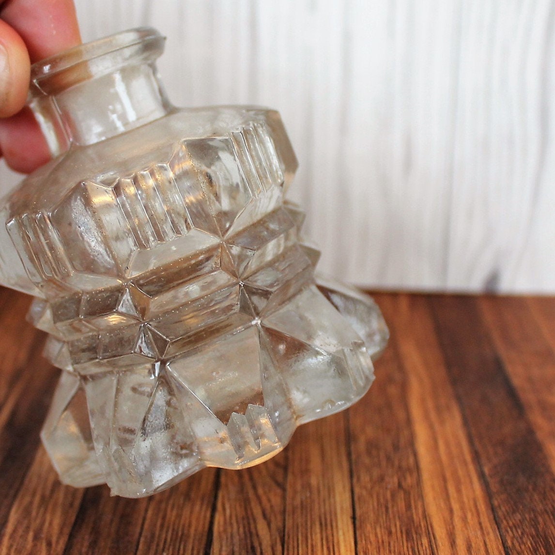 Vintage Clear Glass Inkwell Bottle with Fancy Chunky Design