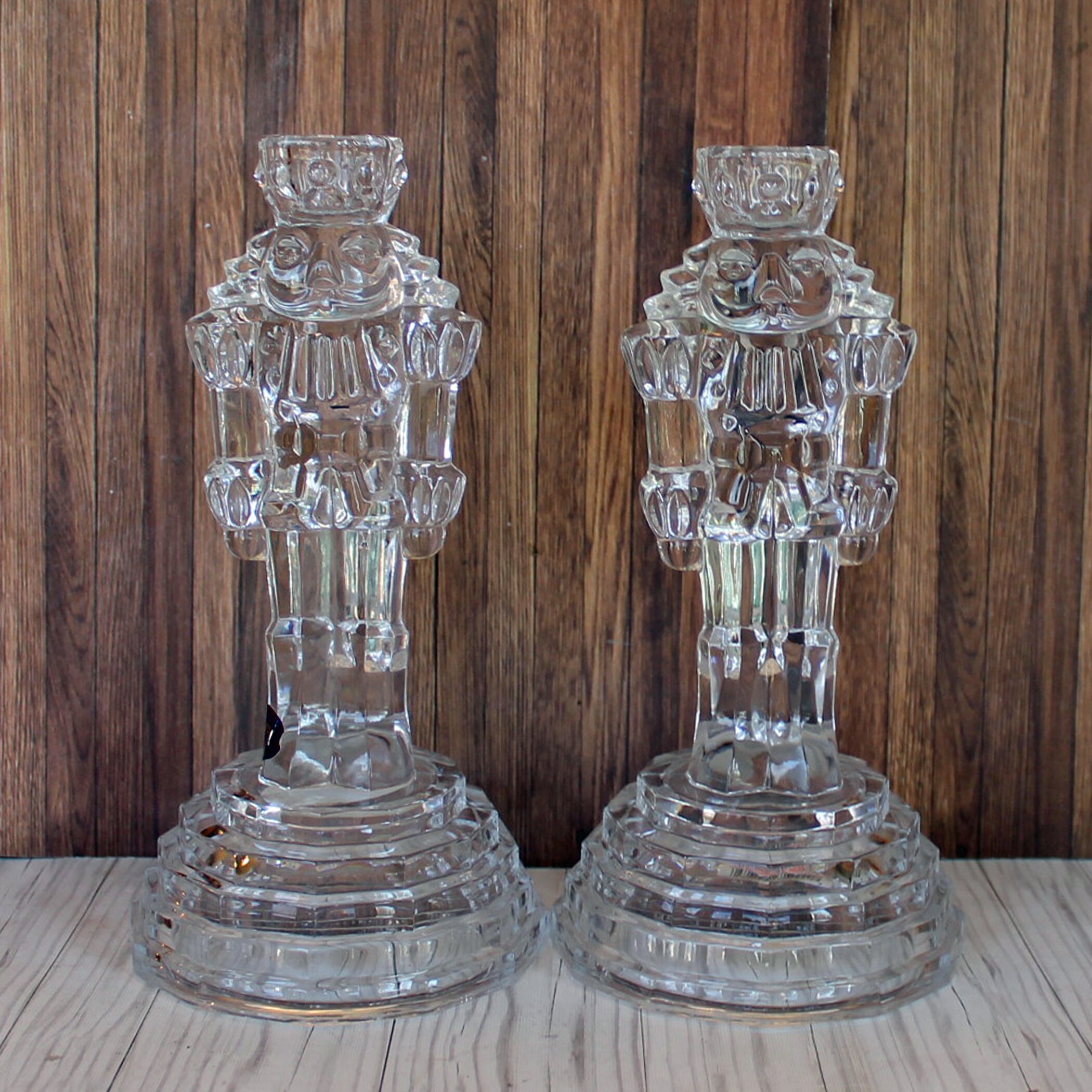 Vintage Clear Crystal Nutcracker Soldier Candlestick Set of 2 Christmas ...