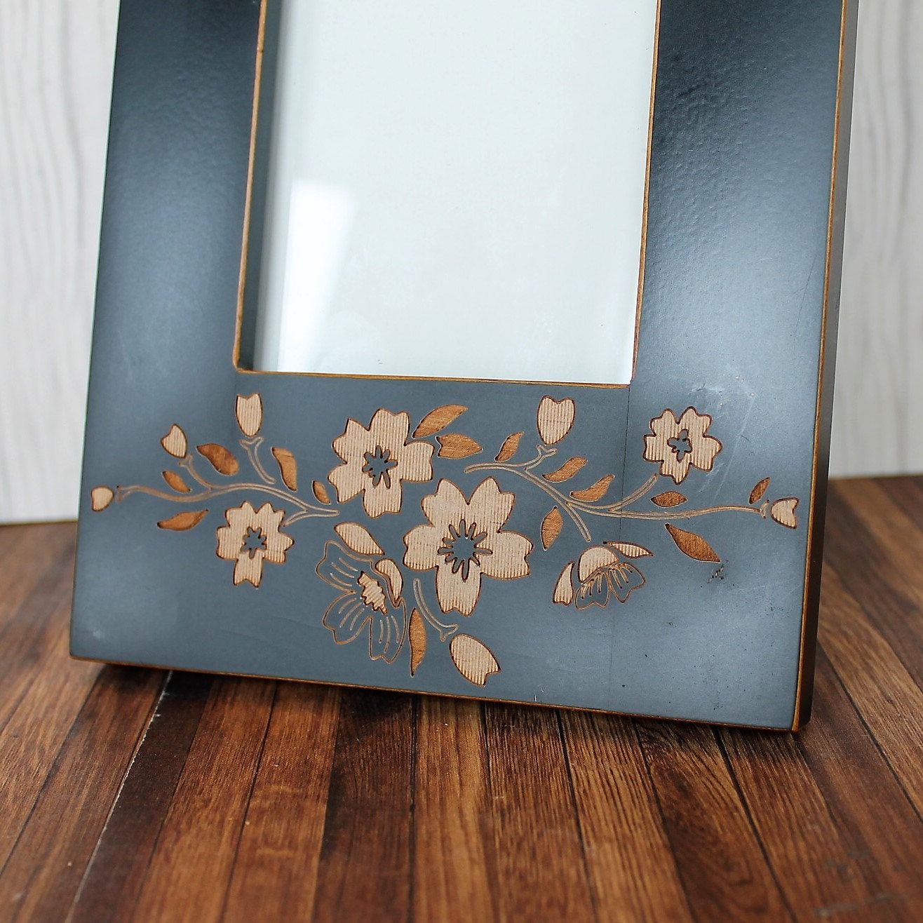 Vintage RARE WOODS 3x5 Picture Photo Frame Blue Wood with Etched Floral ...