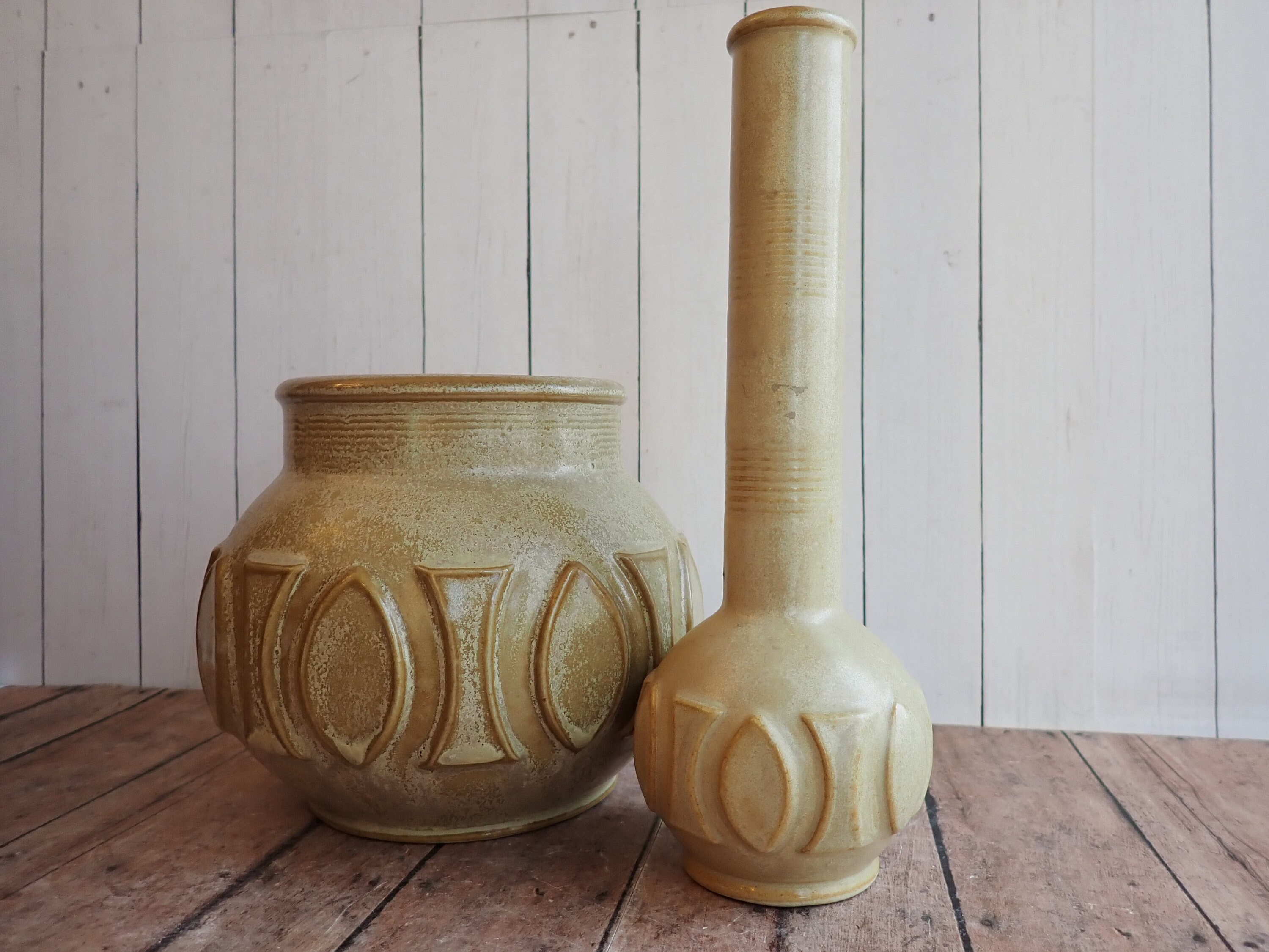 Vintage Stoneware Vase Set of 2 Vases Cream Beige Tan White with Rustic ...