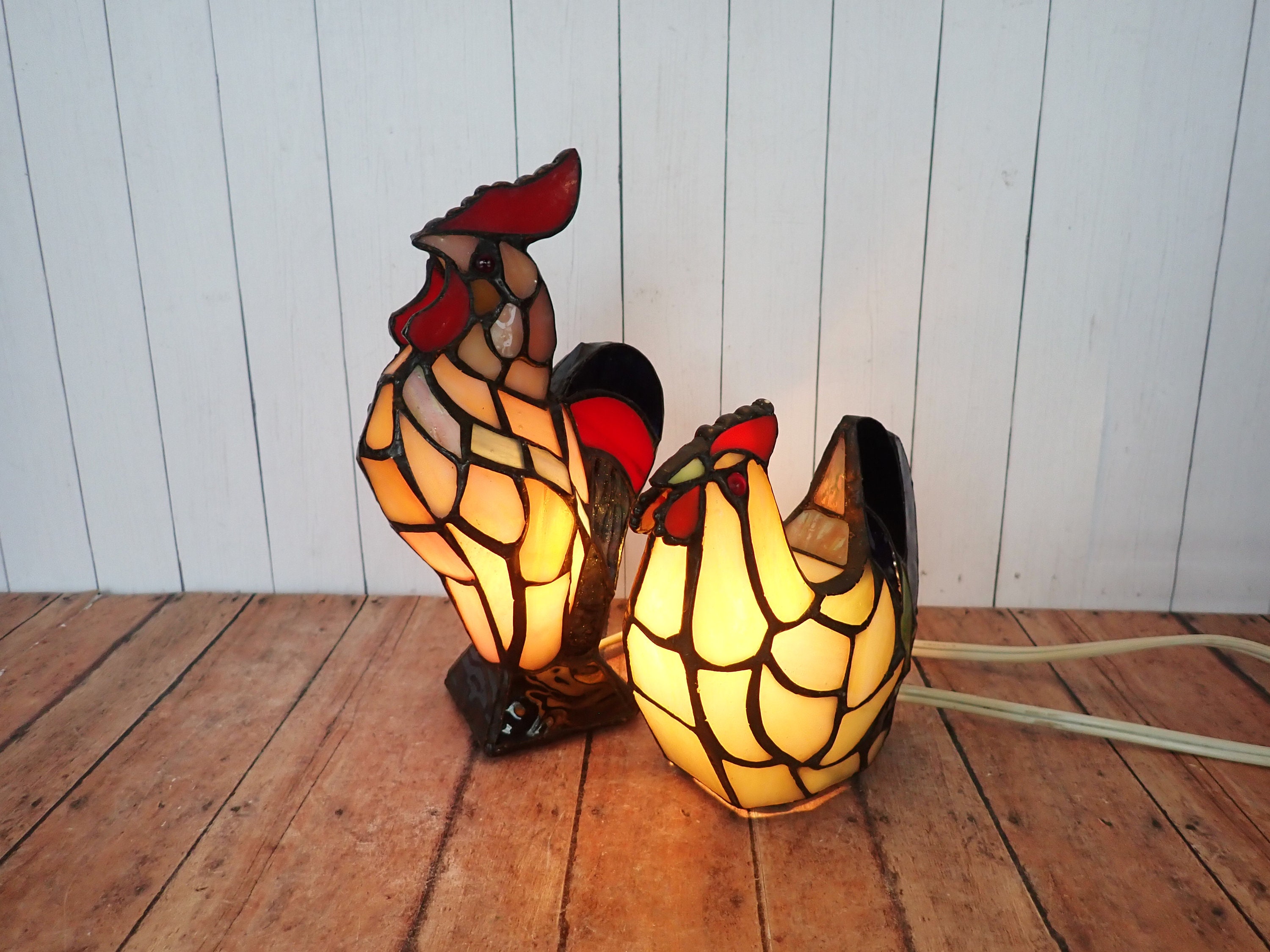 Vintage Stained Glass Rooster Chicken Accent Lamp Night Light Set of 2 ...