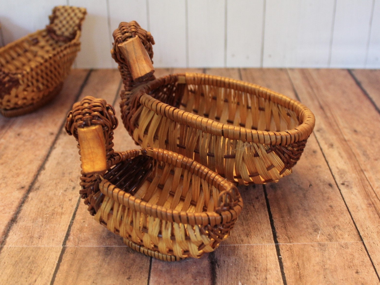 Vintage Wicker Woven Duck Basket Set of 4 Small Beige and Brown Wicker ...