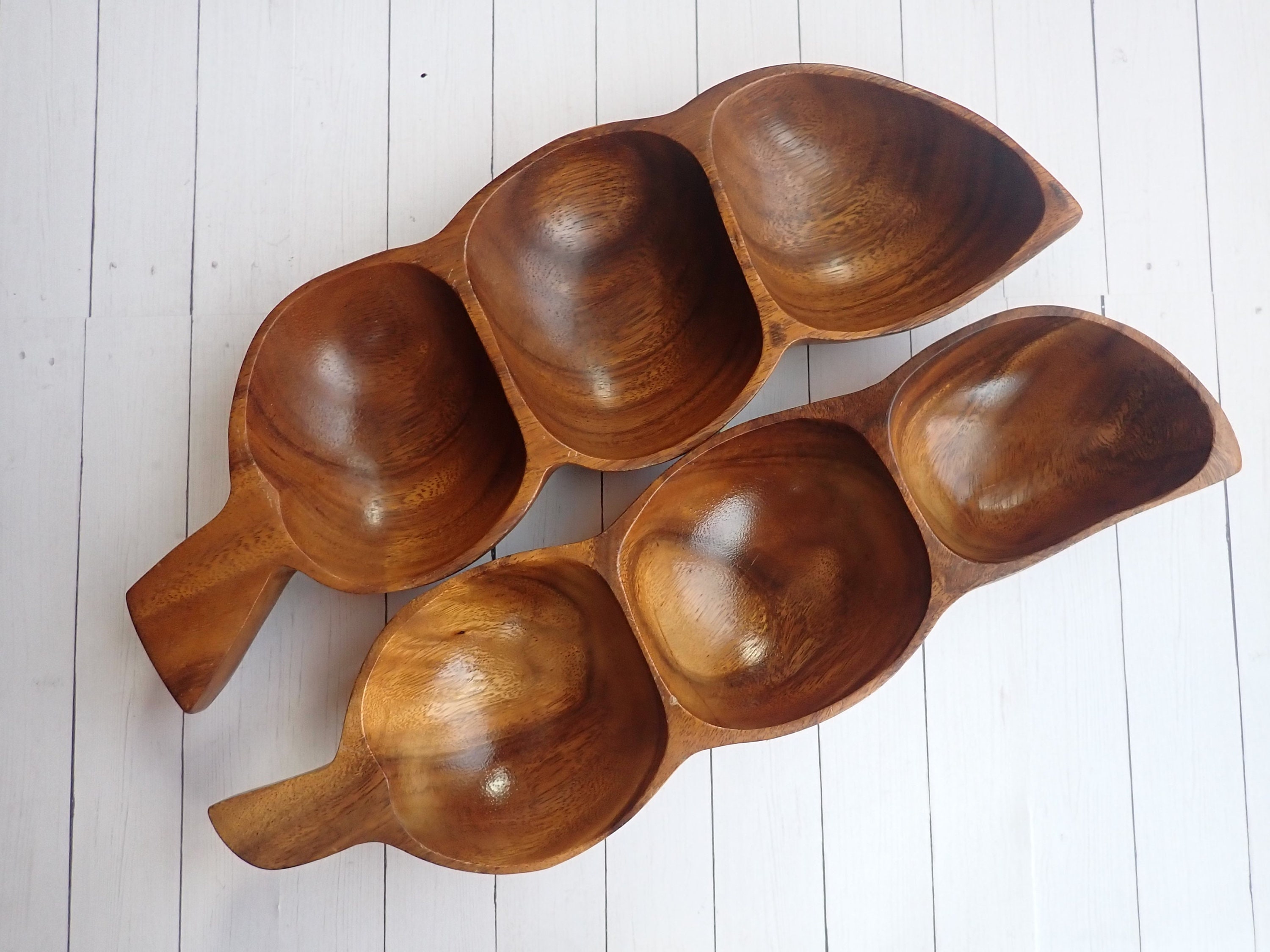 Vintage Wood Leaf Shaped Divided Bowls Set of 2 Wooden Serving Bowls 3 ...
