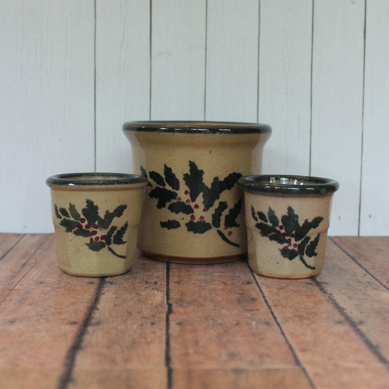 Vintage Monroe Salt Works Christmas Holly Candle Holder Set of 3 Votive ...