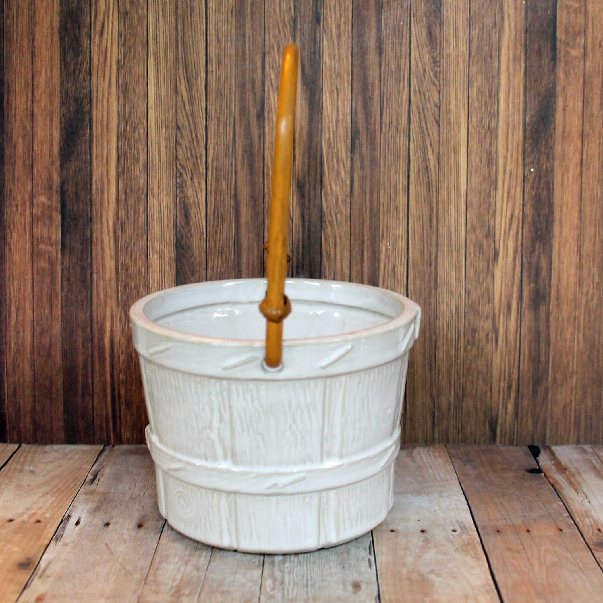 Vintage White Ceramic Bucket Basket Dish with Bamboo Handle Planter ...