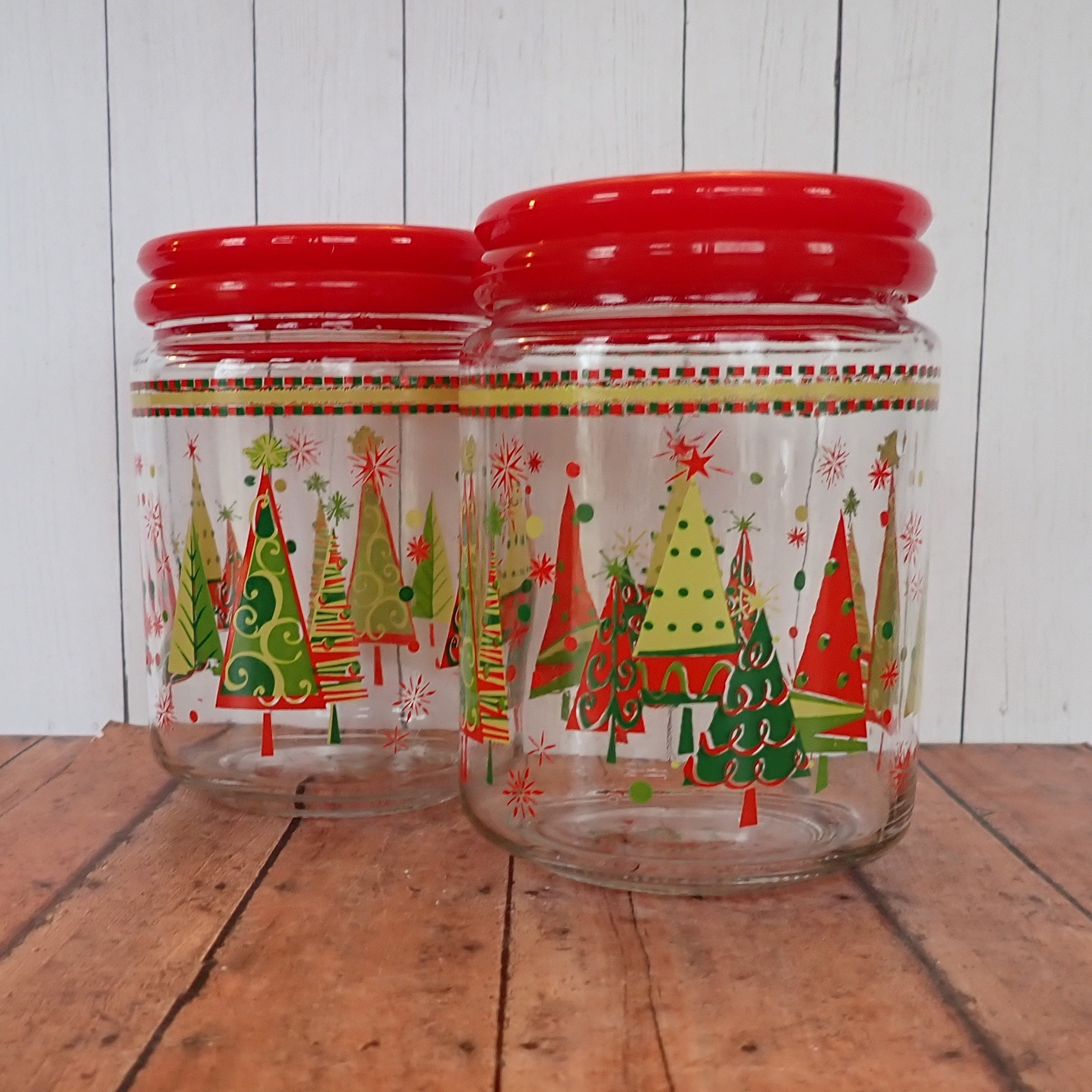 Vintage Glass Christmas Candy Canister Apothecary Jar with Lid Set of 2 ...
