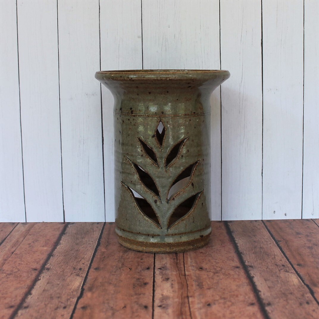 Vintage Stoneware Pottery Luminary Candle Lantern with Leaf Tree Design ...