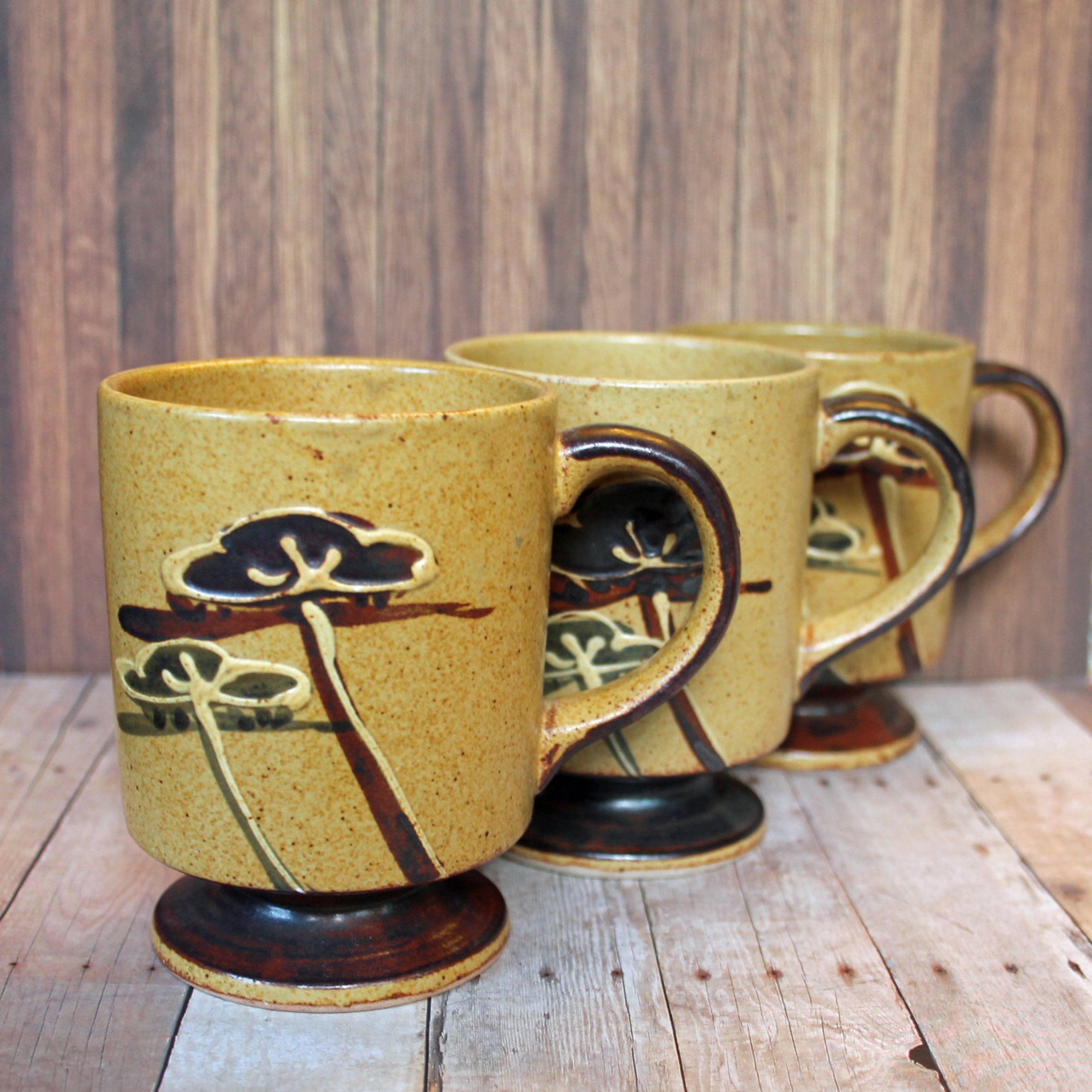 RESERVED for Z. Vintage Stoneware Pedestal Footed Mugs Set of 3 Tan ...