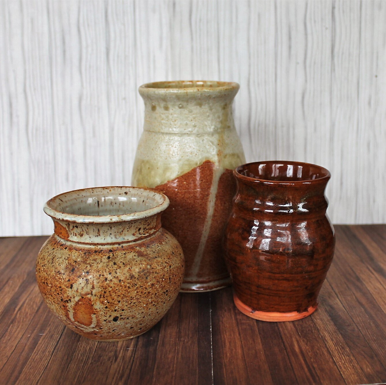 Vintage Stoneware Vase Planter Set of 4 Handmade Pottery Cream Rusy ...